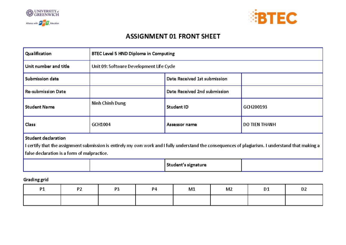 Asm 1 1631 - aaaaaaaaaaaaaaaaaaaaaaa - ASSIGNMENT 01 FRONT SHEET Qualification BTEC Level 5 HND ...
