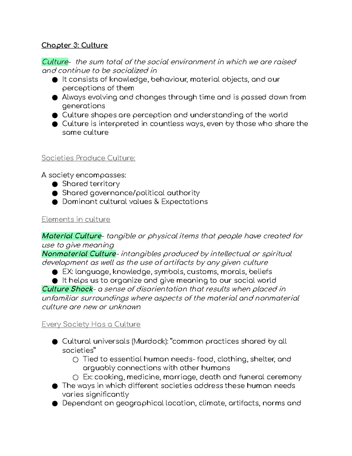 SOC101 CH3: Culture - Chapter 3: Culture Culture- the sum total of the ...