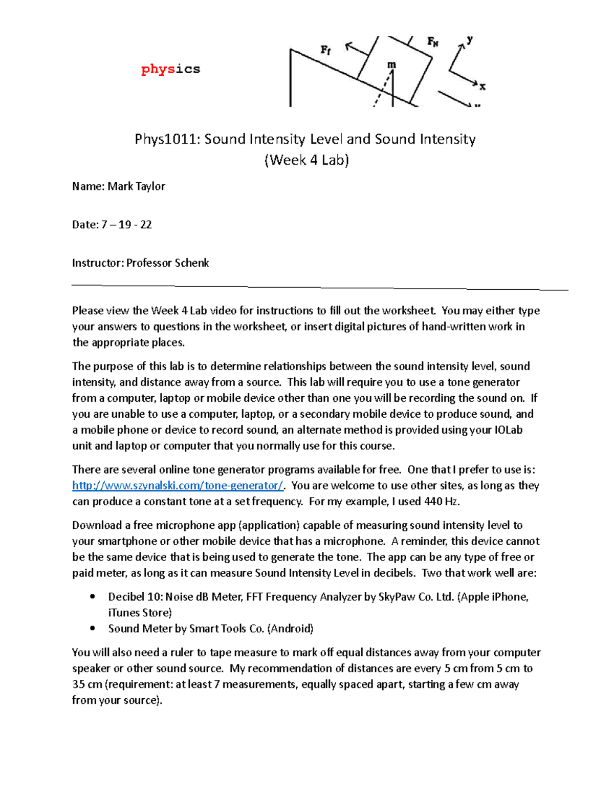 Lab4 Worksheet - Chemistry 2 - Phys1011: Sound Intensity Level and Sound Intensity (Week 4 Lab ...
