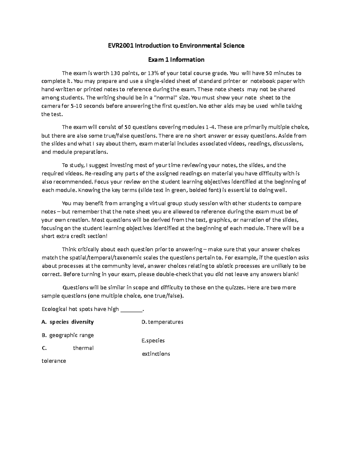 Exam 1 Review (M1-4) - EVR2001 Introduction to Environmental Science ...