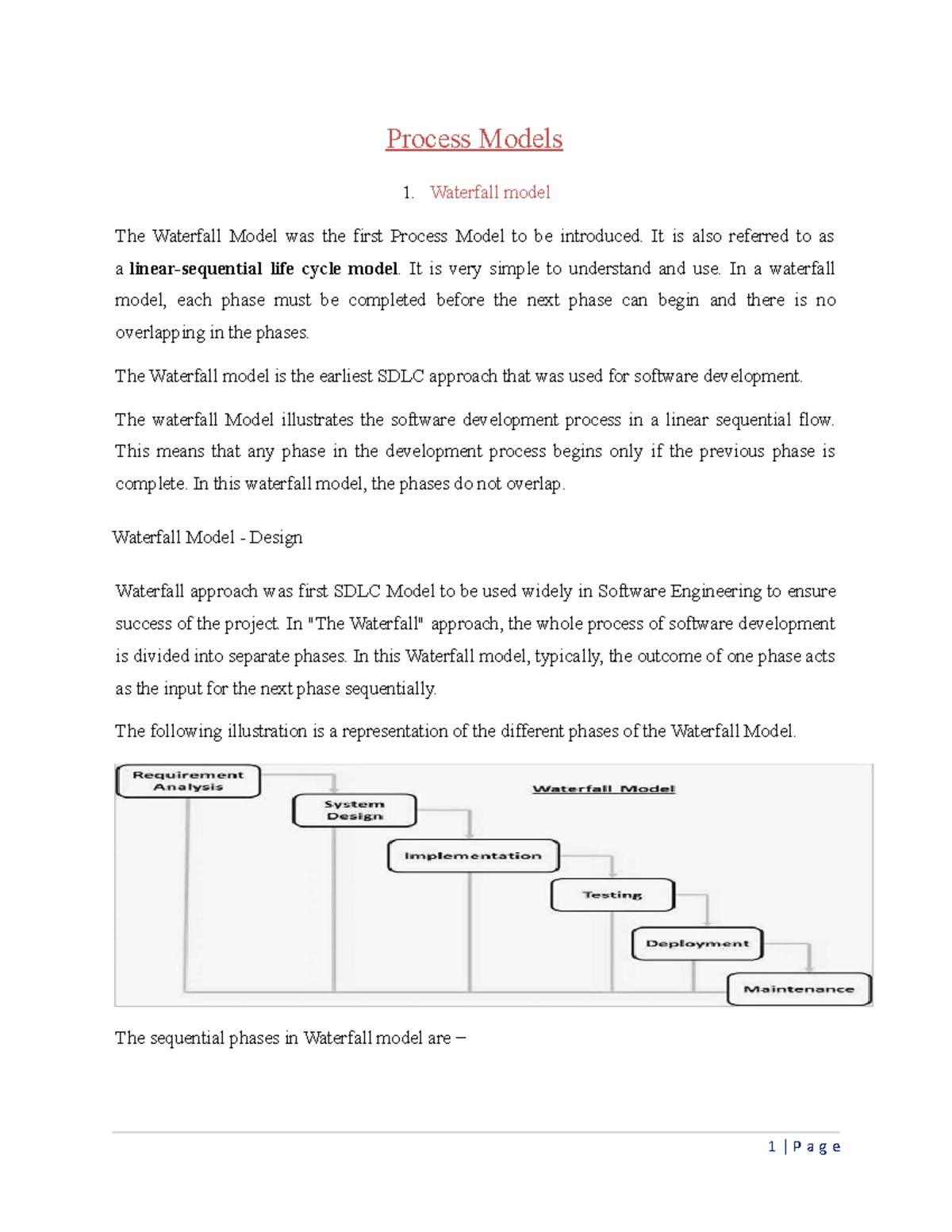 Se unit1 - Software Engineering - Process Models Waterfall model The ...