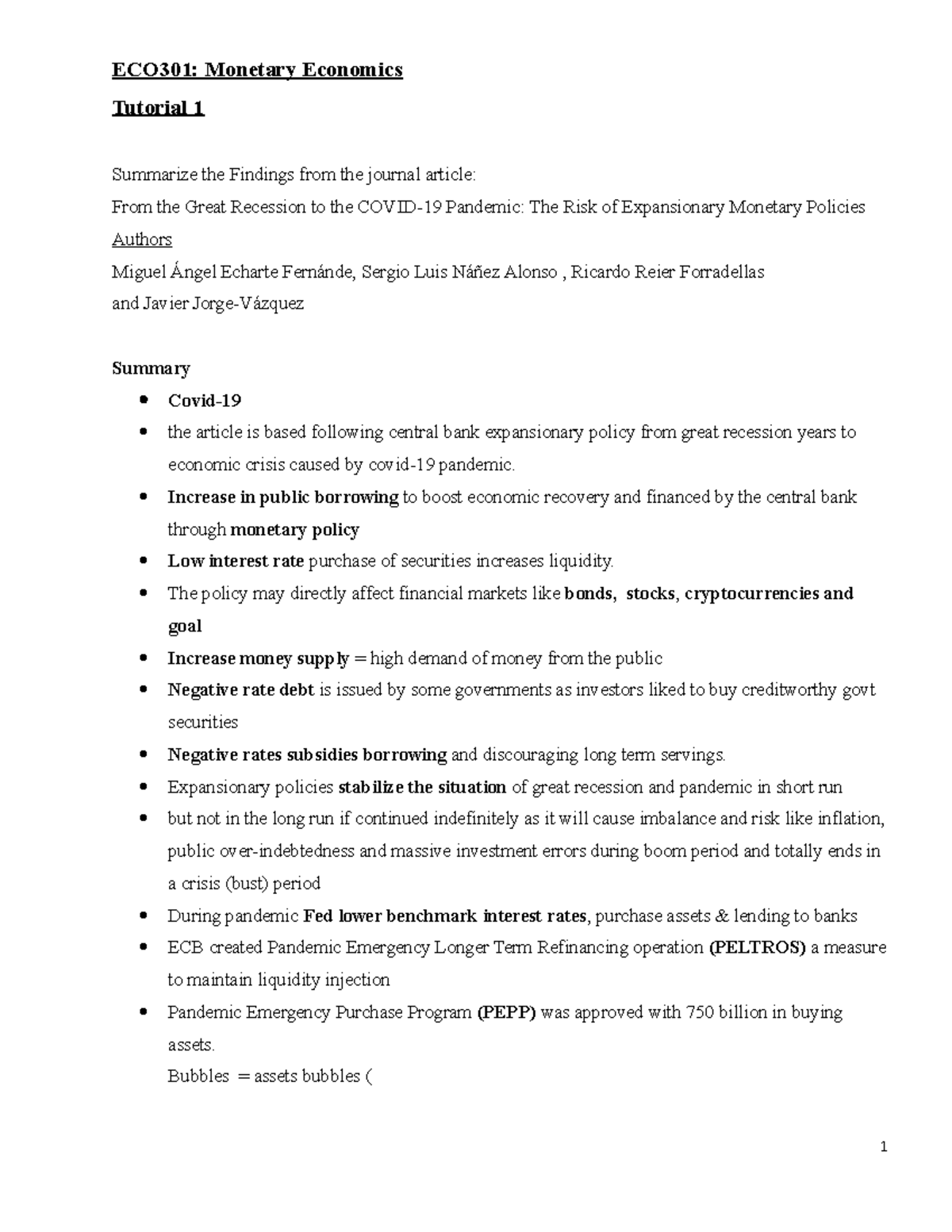 Tutorial 1 - ECO301: Monetary Economics Tutorial 1 Summarize the ...