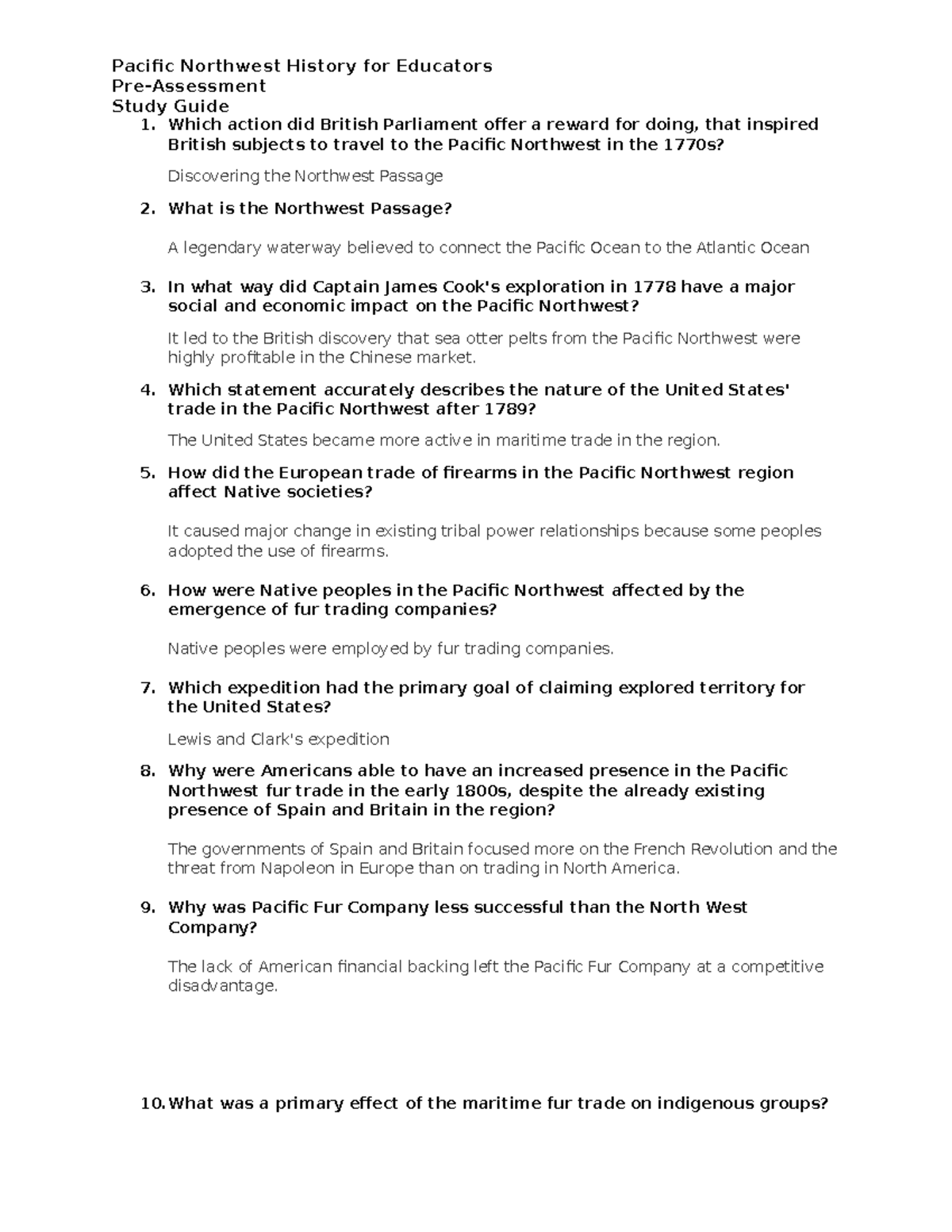Pre Assessment - Pre-Assessment Study Guide Which action did British ...