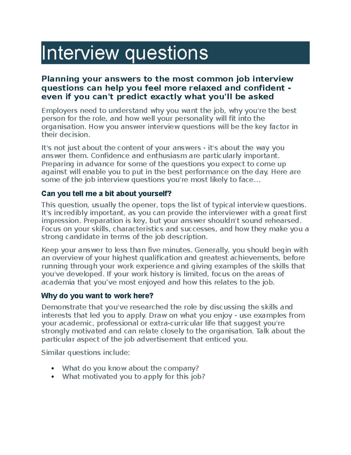 Interview questions - Interview questions Planning your answers to the ...
