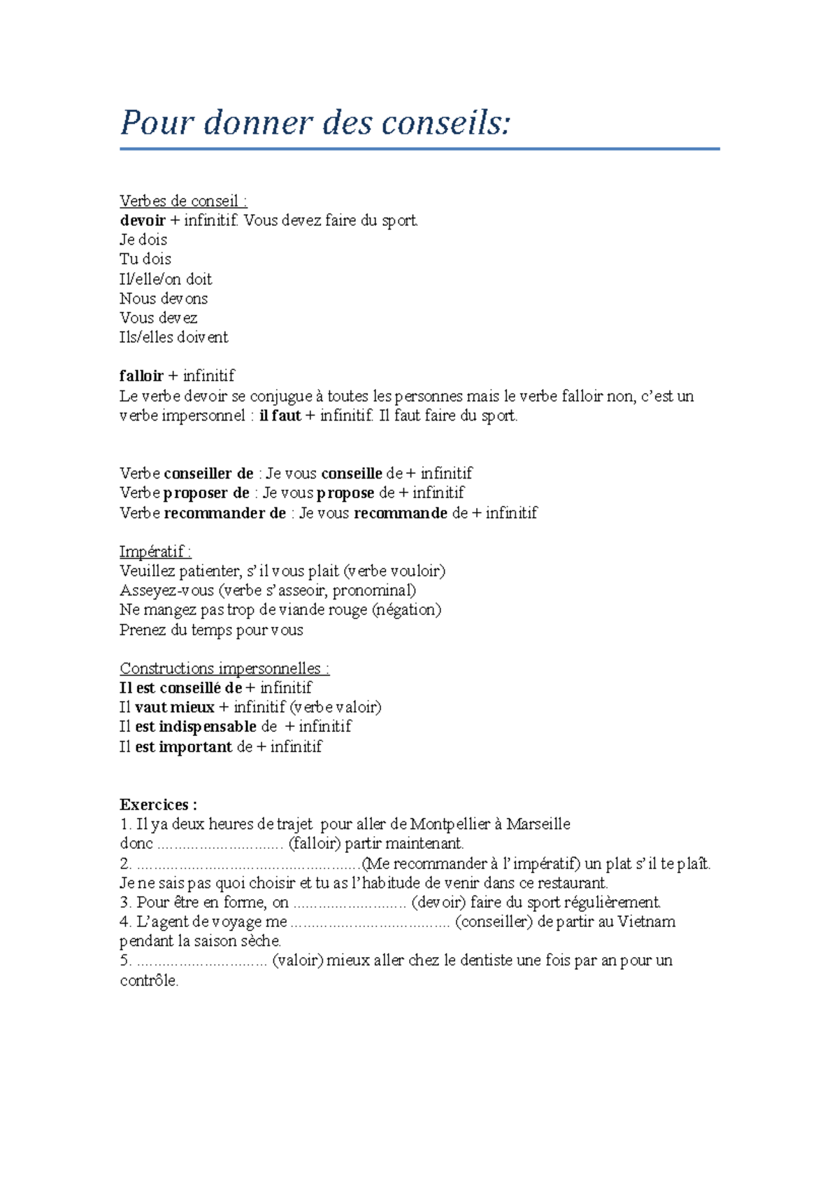 Pour donner des conseils structures grammaticales - Lengua C I (francés ...