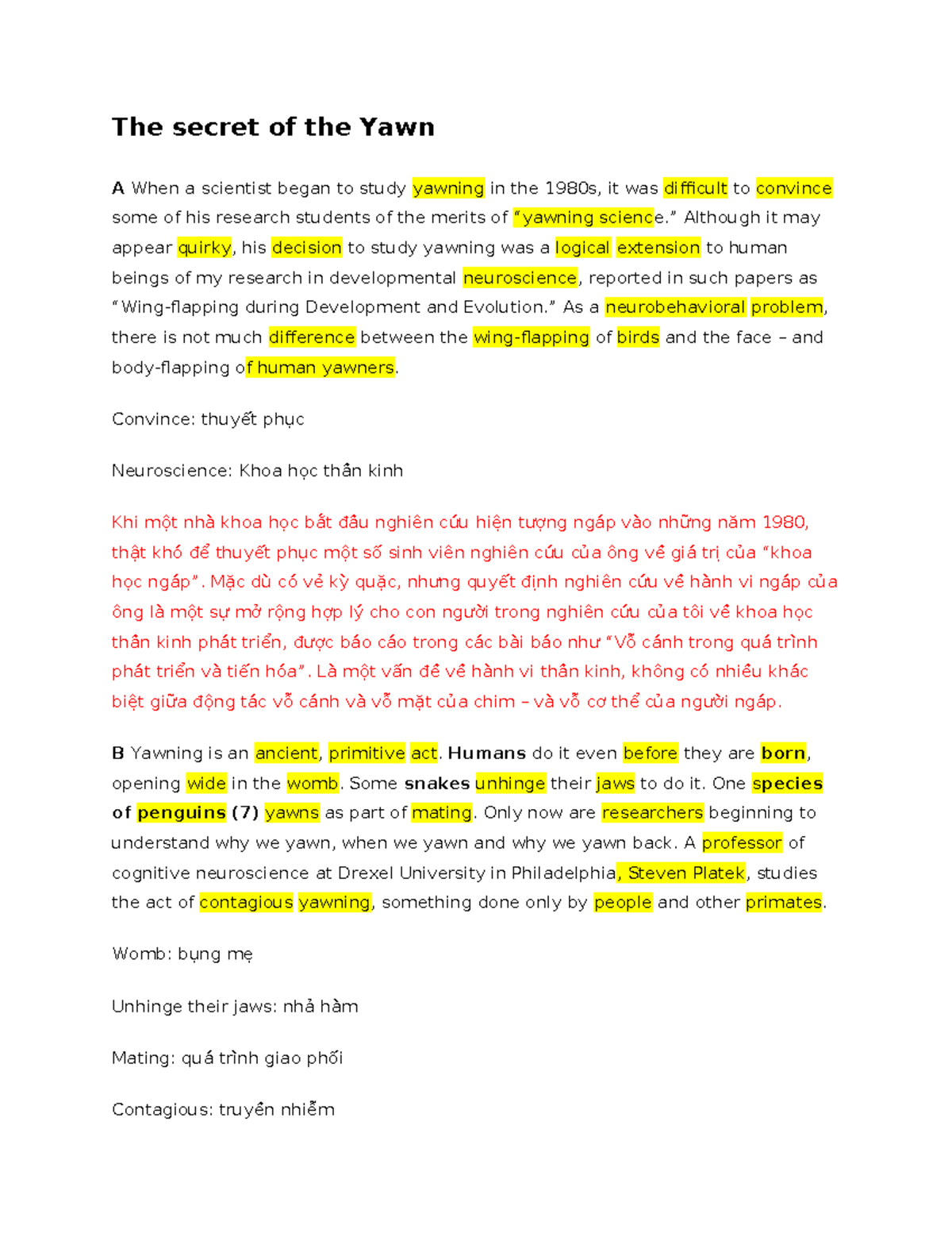 The secret of the Yawn - Reading answer and explaination - The secret ...