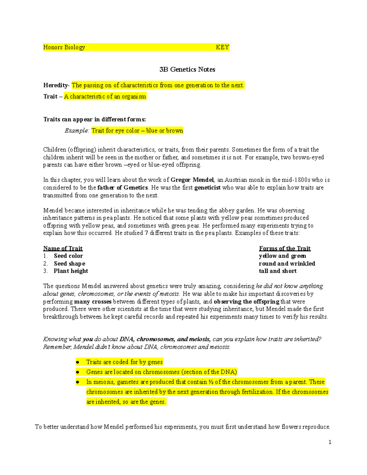 Genetics+notes+FULL+KEY - Honors Biology KEY 3B Genetics Notes Heredity ...