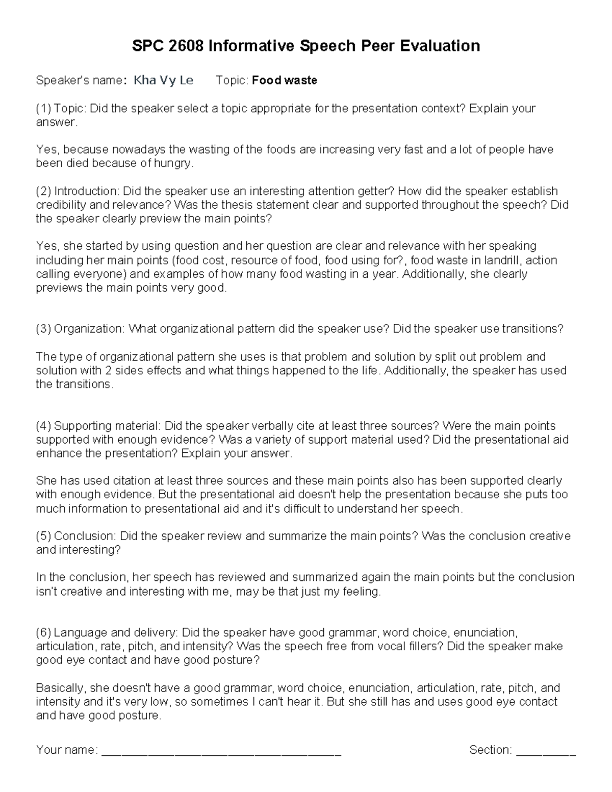 SPC 2608 Informative Presentation Peer Evaluation 2 - SPC 2608 Informative Speech Peer ...