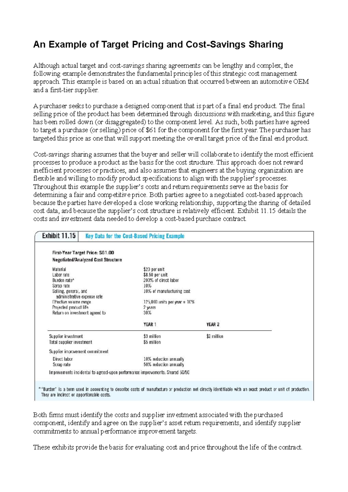 Target-Pricing and Cost-Saving Sharing Example - An Example of Target ...