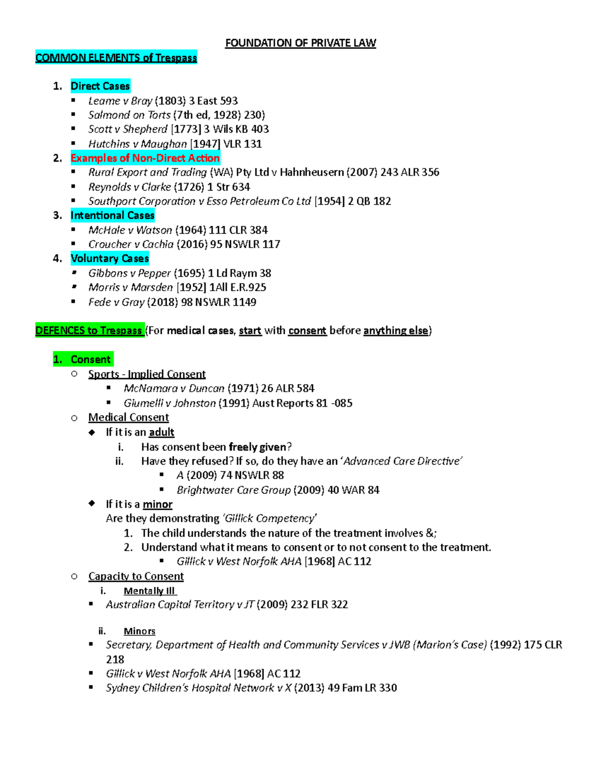 Torts Cheat Sheet - elements - FOUNDATION OF PRIVATE LAW COMMON ...