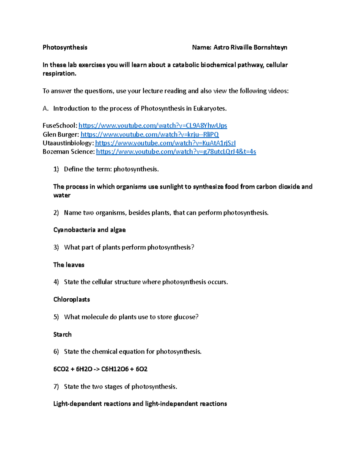 Week 9 Lab Exercise on Photosynthesis - Photosynthesis Name: Astro ...