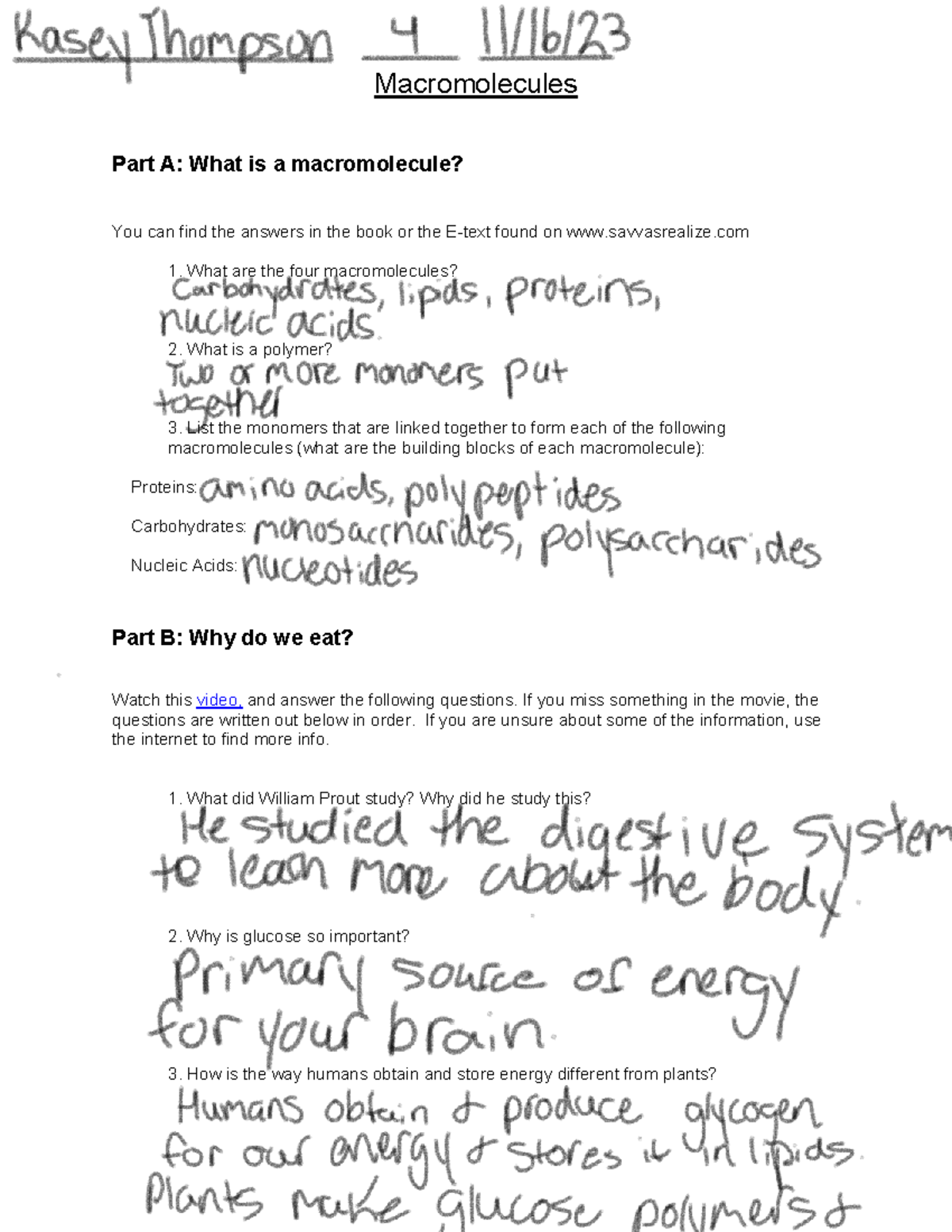 Macromolecules classwork assignment - Macromolecules Part A: What is a ...