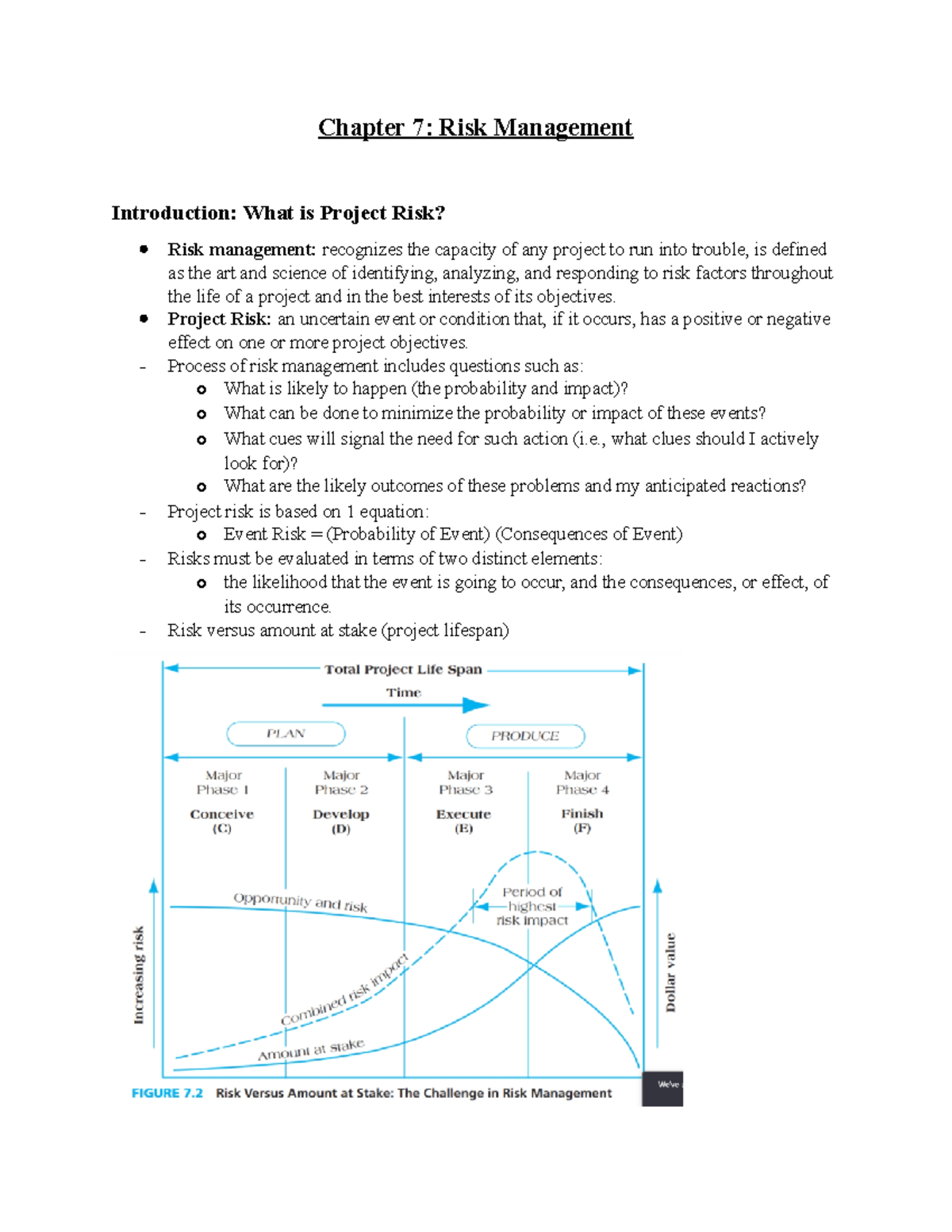 2021 – BMGT 422 Project Management - Ch 7 Notes - Chapter 7: Risk ...