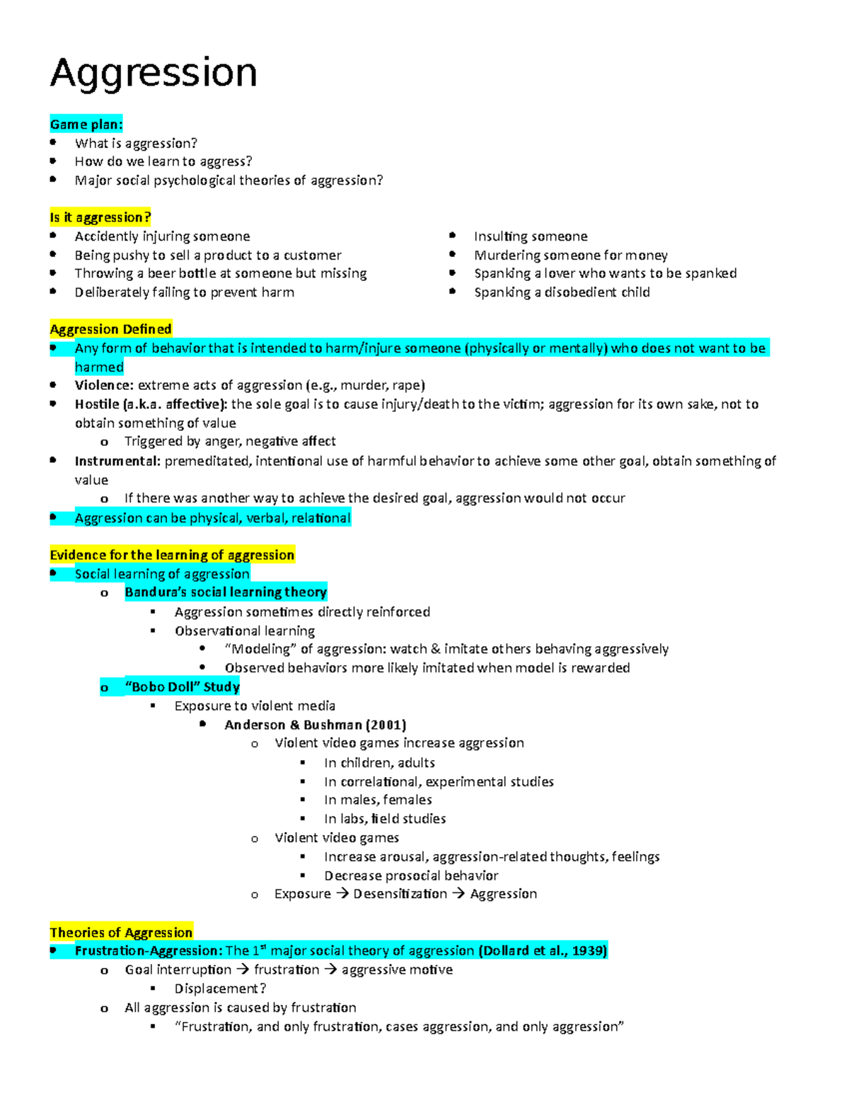 Aggression - Lecture notes 11-17 - Aggression Game plan: What is ...