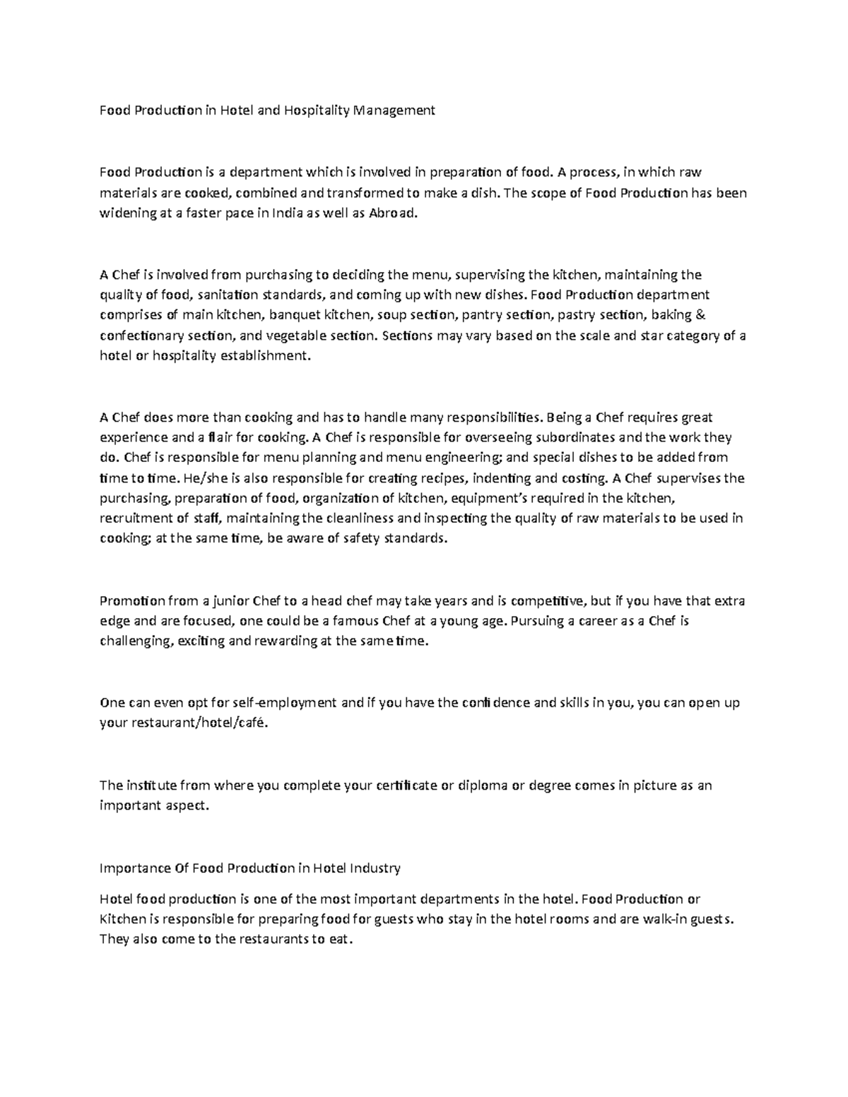 Food Production in Hotel and Hospitality Management - A process, in ...