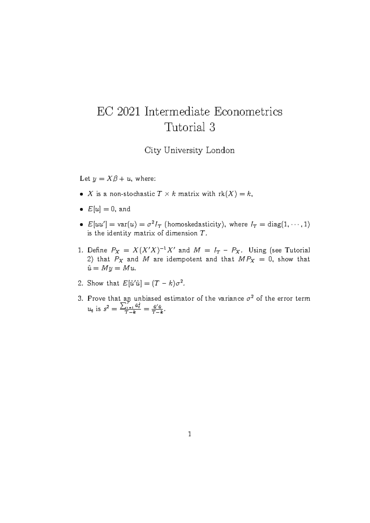 Tutorial 3 - Questions - EC 2021 Intermediate Econometrics Tutorial 3 ...