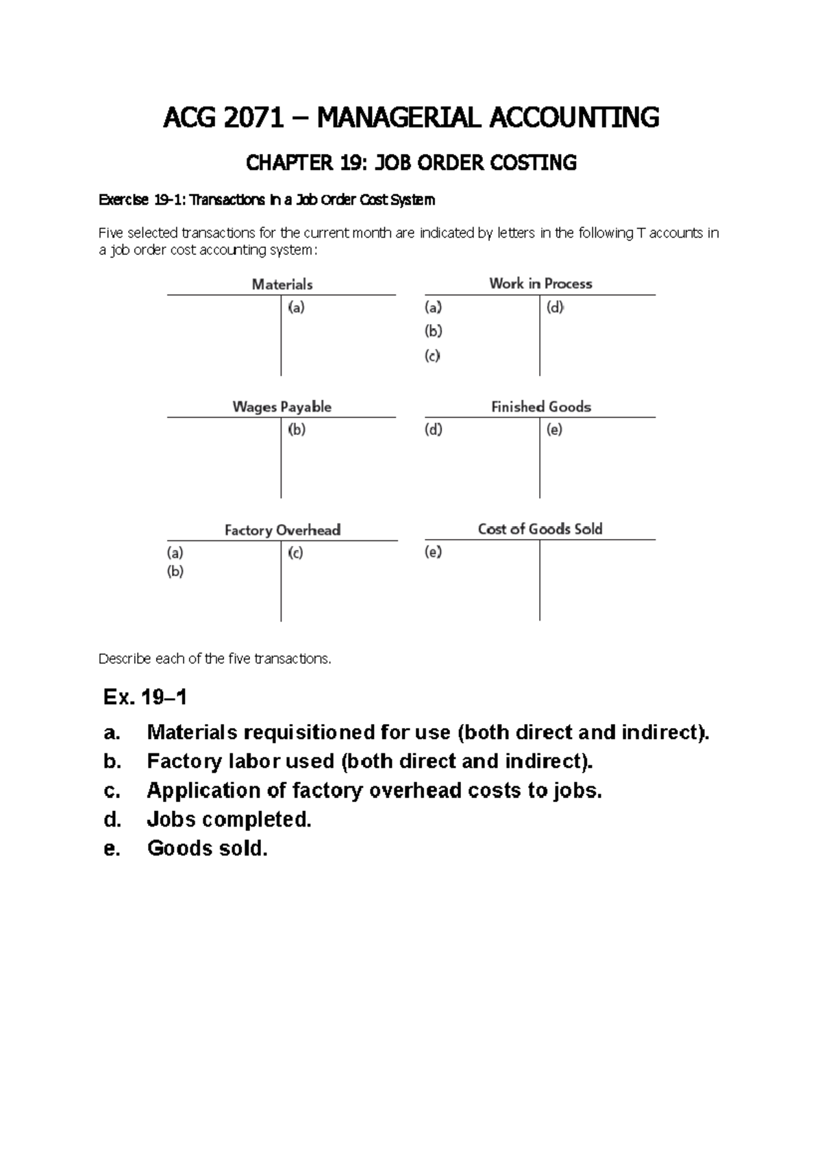 Seminar assignments - Chapter 19 - ACG 2071 MANAGERIAL ACCOUNTING ...