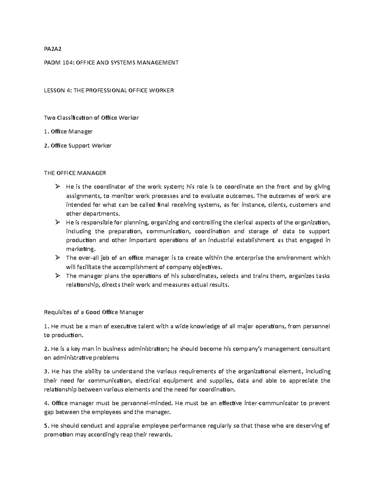 PADM 104 Lesson 4 - office administration - PA2A PADM 104: OFFICE AND ...