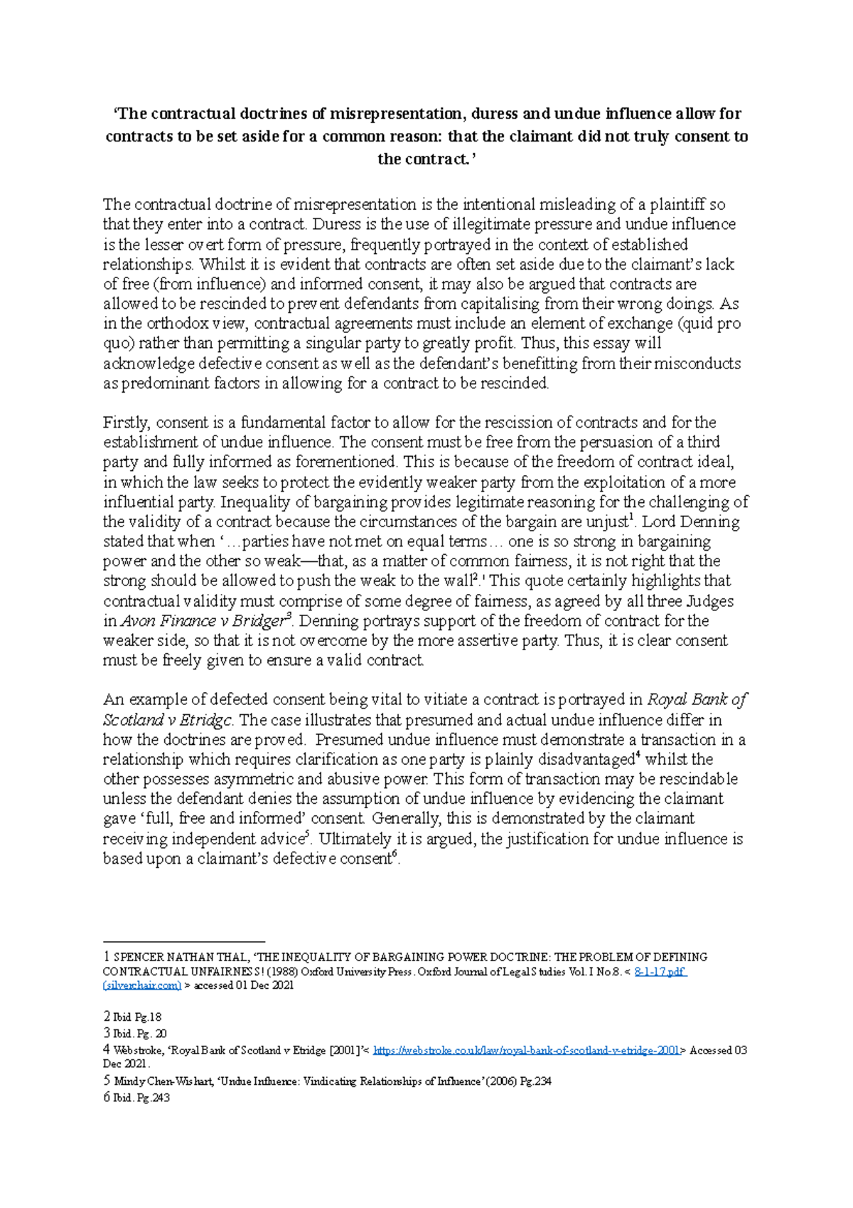 Duress Essay MT Term - ‘The contractual doctrines of misrepresentation ...