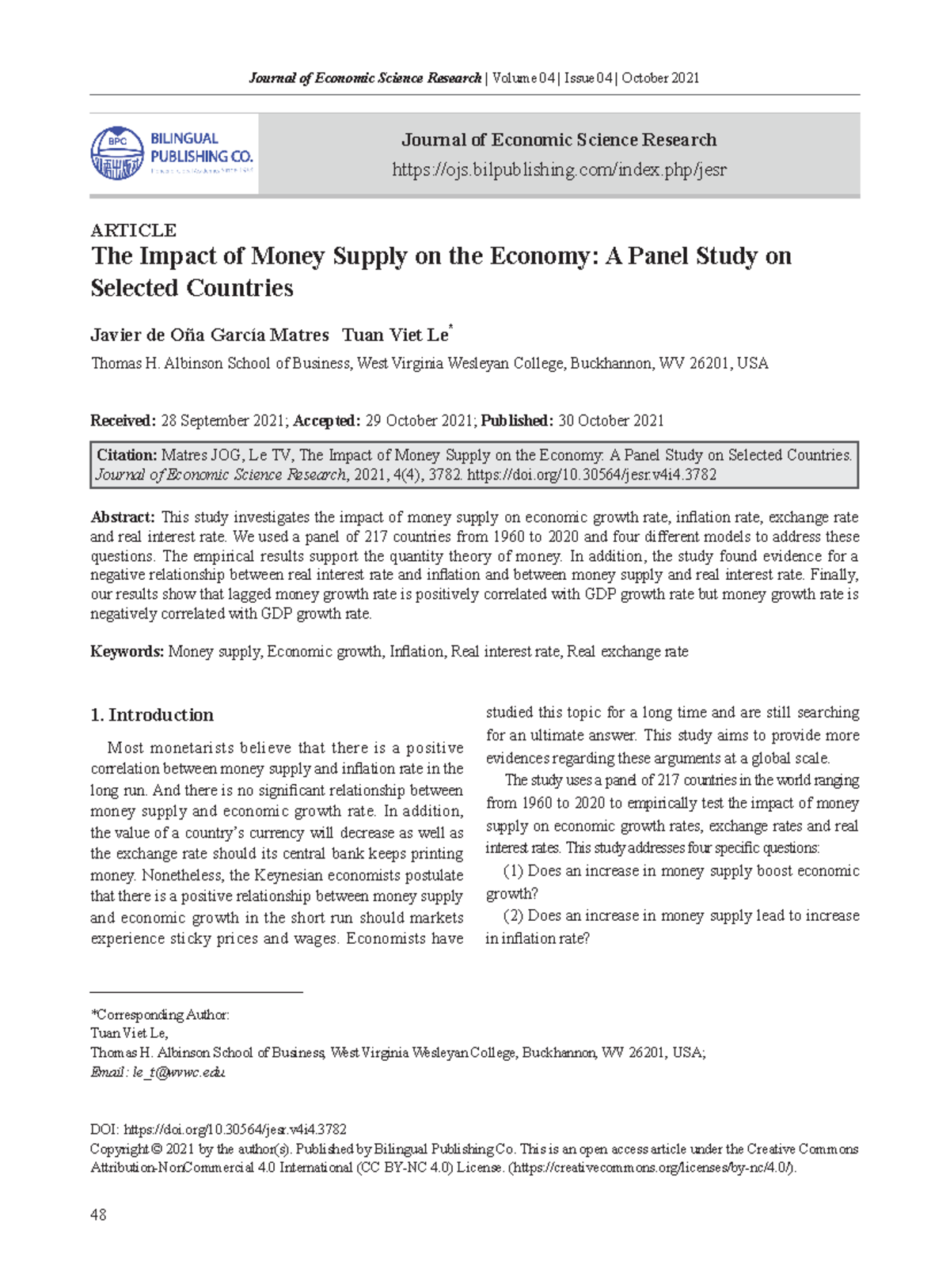 The Impact of Money Supply on the Economy A Panel - Journal of Economic ...