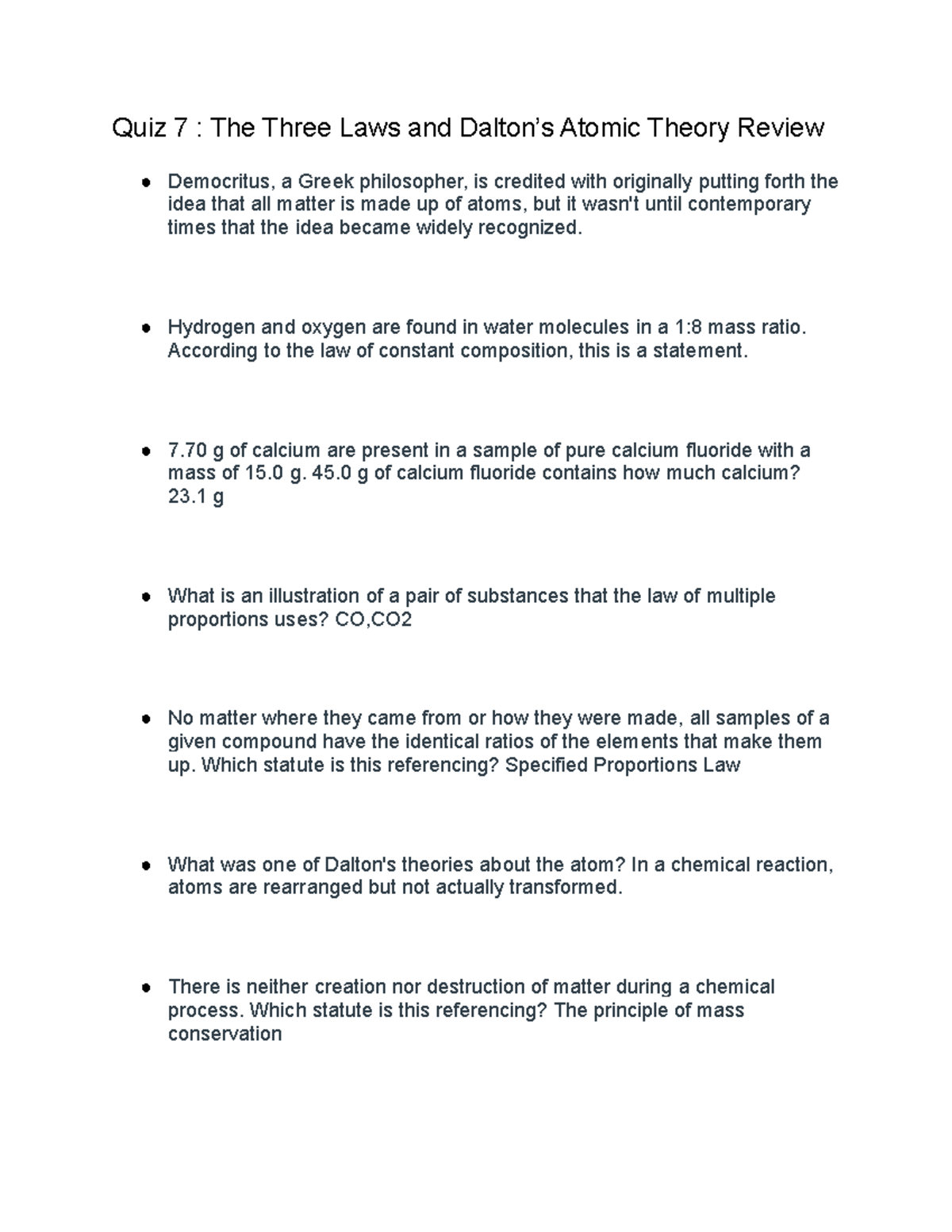 Quiz 7 The Three Laws and Dalton’s Atomic Theory Review - Hydrogen and ...