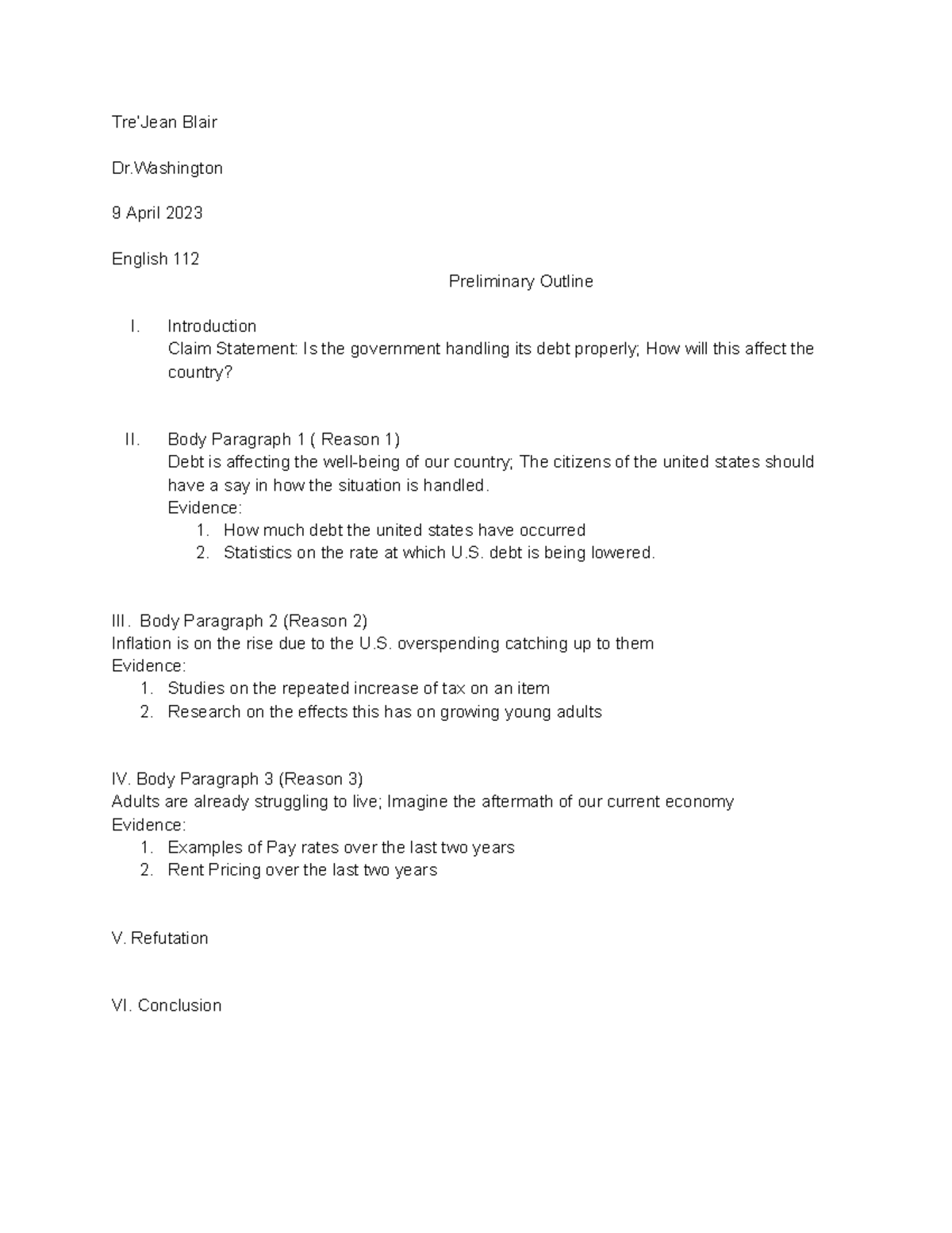 preliminary outline - Tre’Jean Blair Dr 9 April 2023 English 112 ...