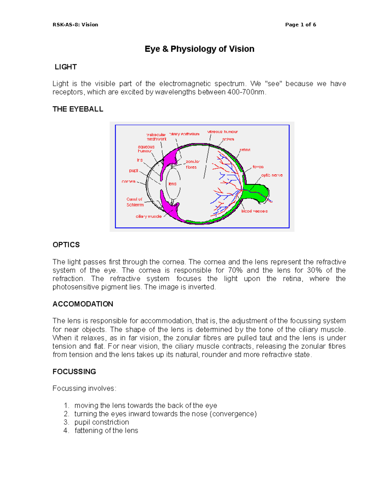 Vision-lecture notes-rsk - Eye & Physiology of Vision LIGHT Light is ...