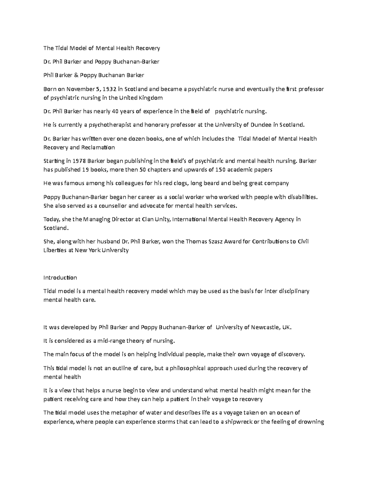 The Tidal Model of Mental Health Recovery 1 - Phil Barker and Poppy ...