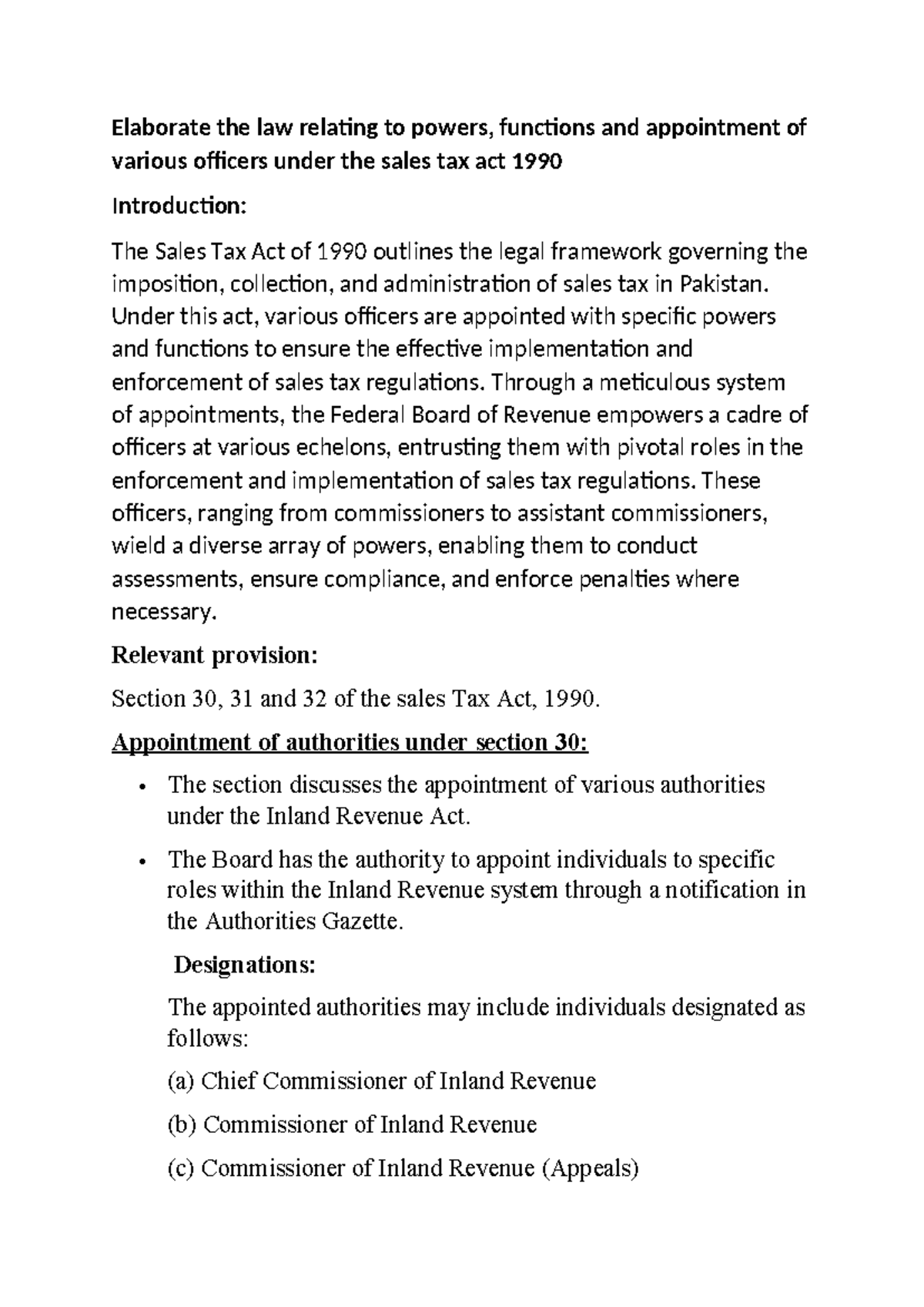 Appointment and powers of various officers - Elaborate the law relating ...