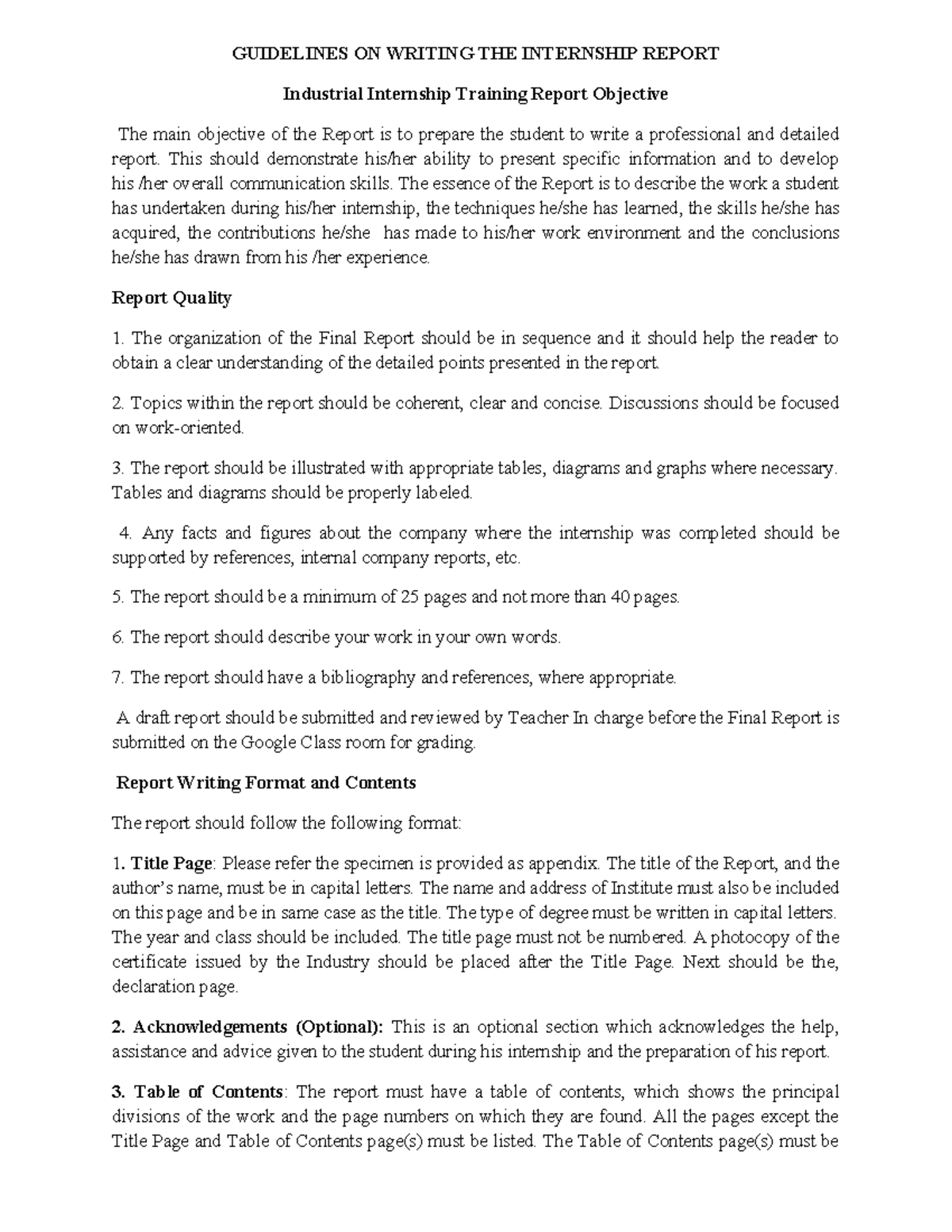 Guidelines ON Writing THE Internship Report - GUIDELINES ON WRITING THE ...