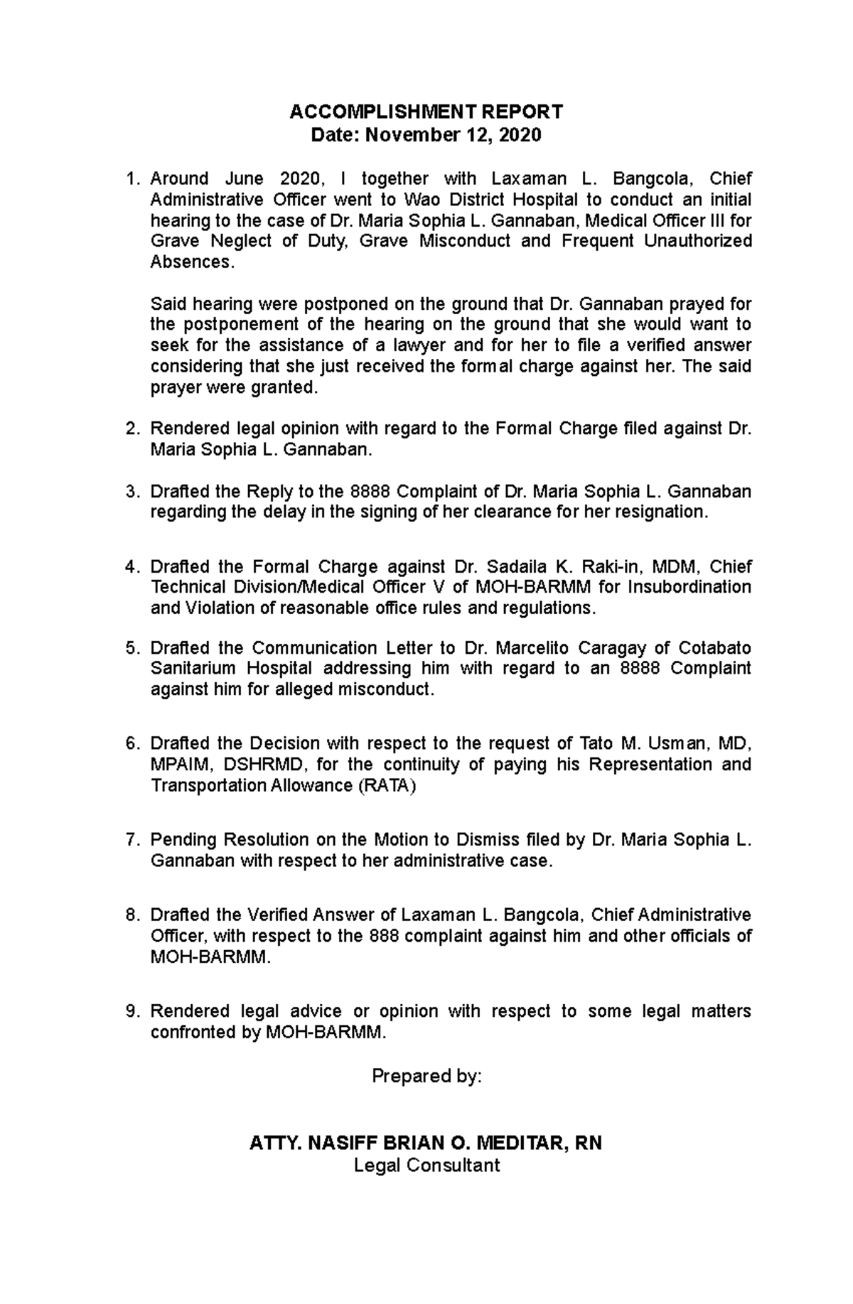 Accomplishment Report to Handle criminal or civil cases - Law school ...