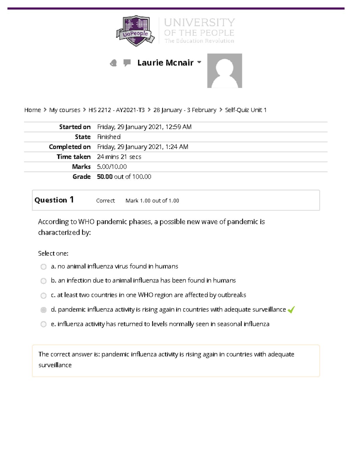HS 2212 Self-Quiz Unit 1 Attempt review 2ND - Started on Friday, 29 ...