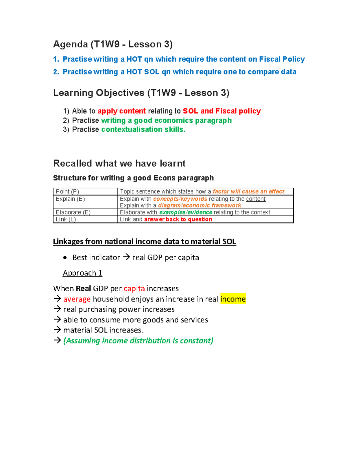SOL quick notes - Agenda (T1W9 - Lesson 3) Practise writing a HOT qn ...
