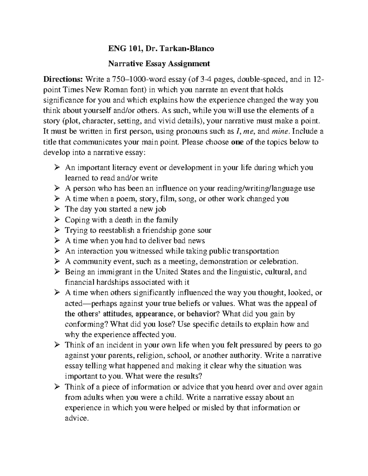 Narrative Essay Assignment - ENG 101, Dr. Tarkan-Blanco Narrative Essay ...