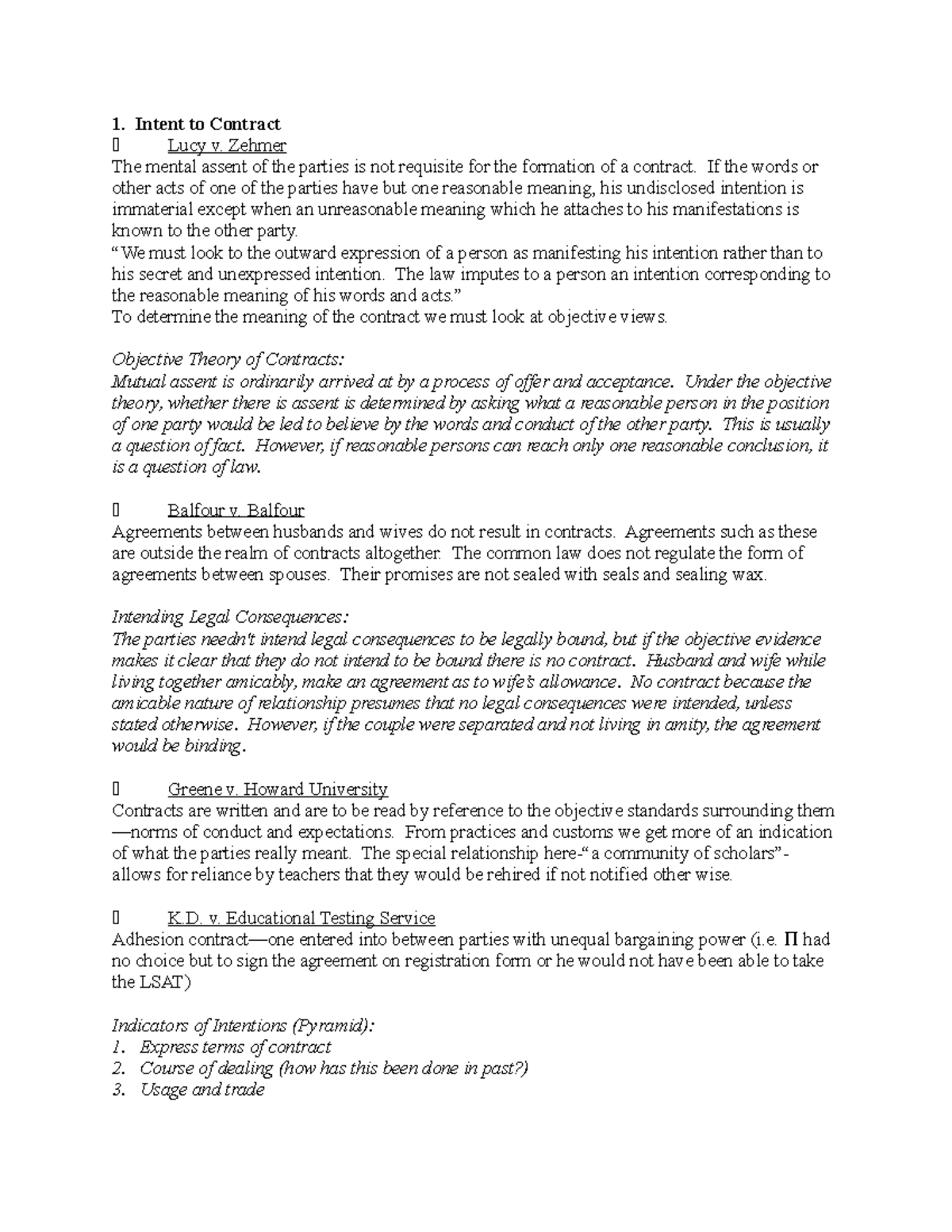 Contracts Law Outline - 1 - Intent to Contract Lucy v. Zehmer The ...