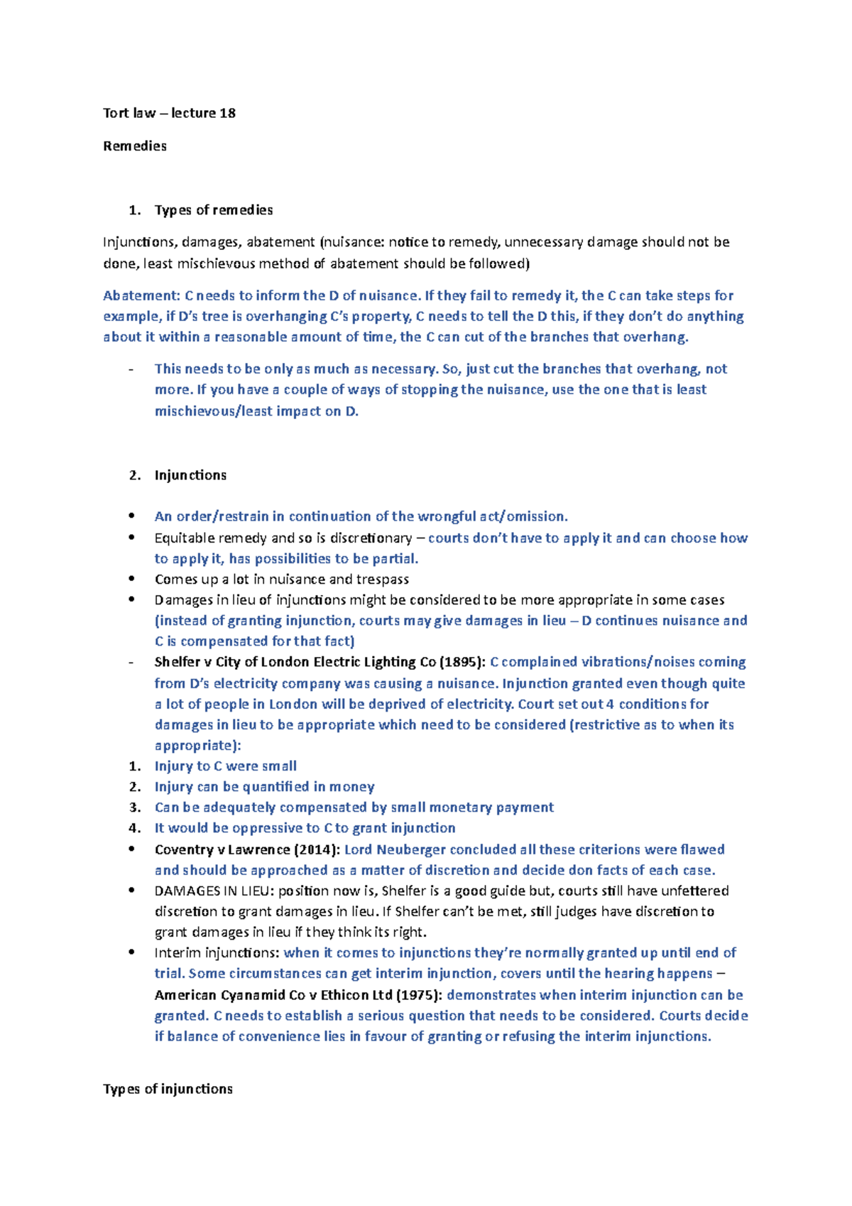 Lecture 18 - Remedies - Tort law – lecture 18 Remedies 1. Types of ...