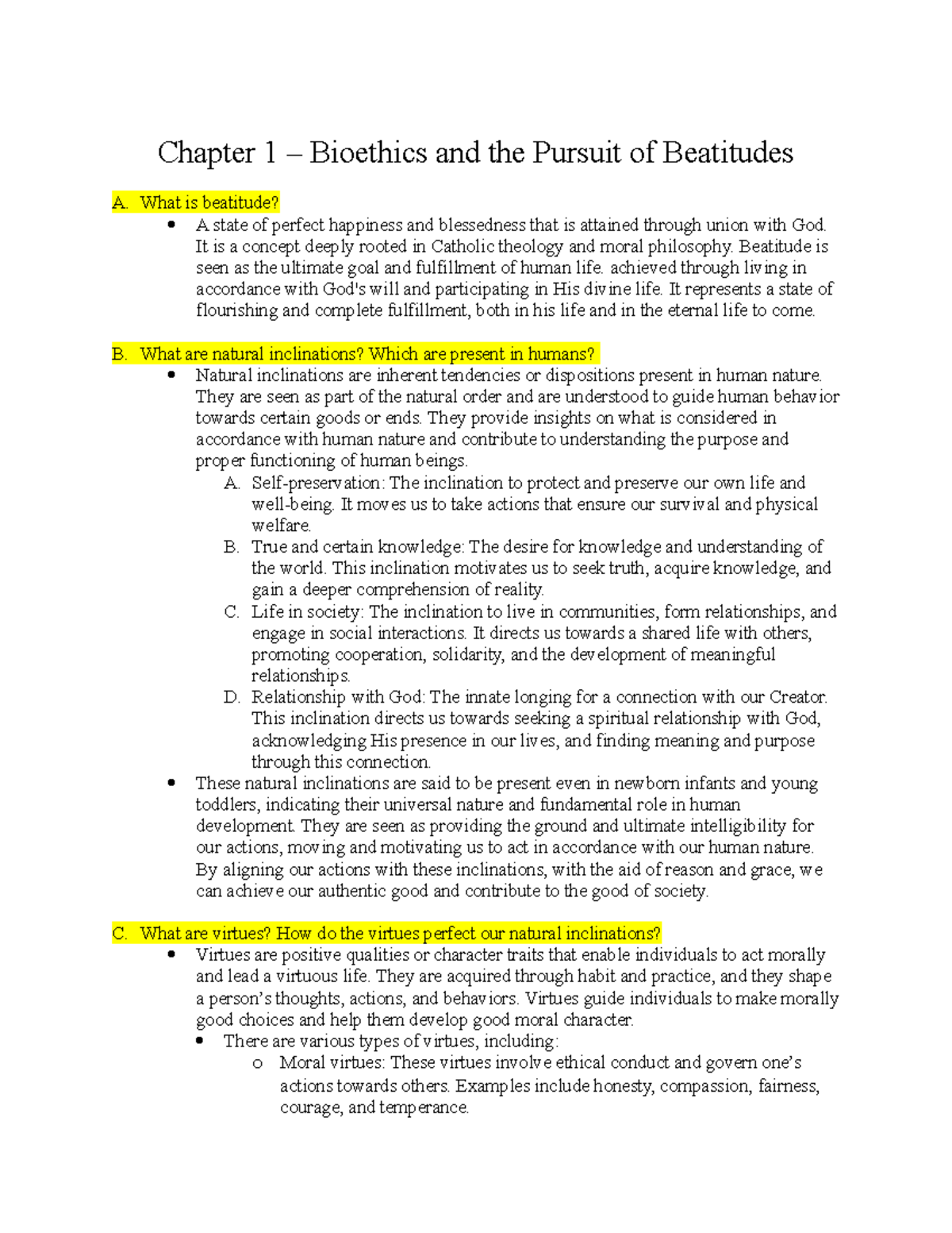 Bioethics Ch 1 Study Guide - Chapter 1 – Bioethics and the Pursuit of Beatitudes A. What is ...