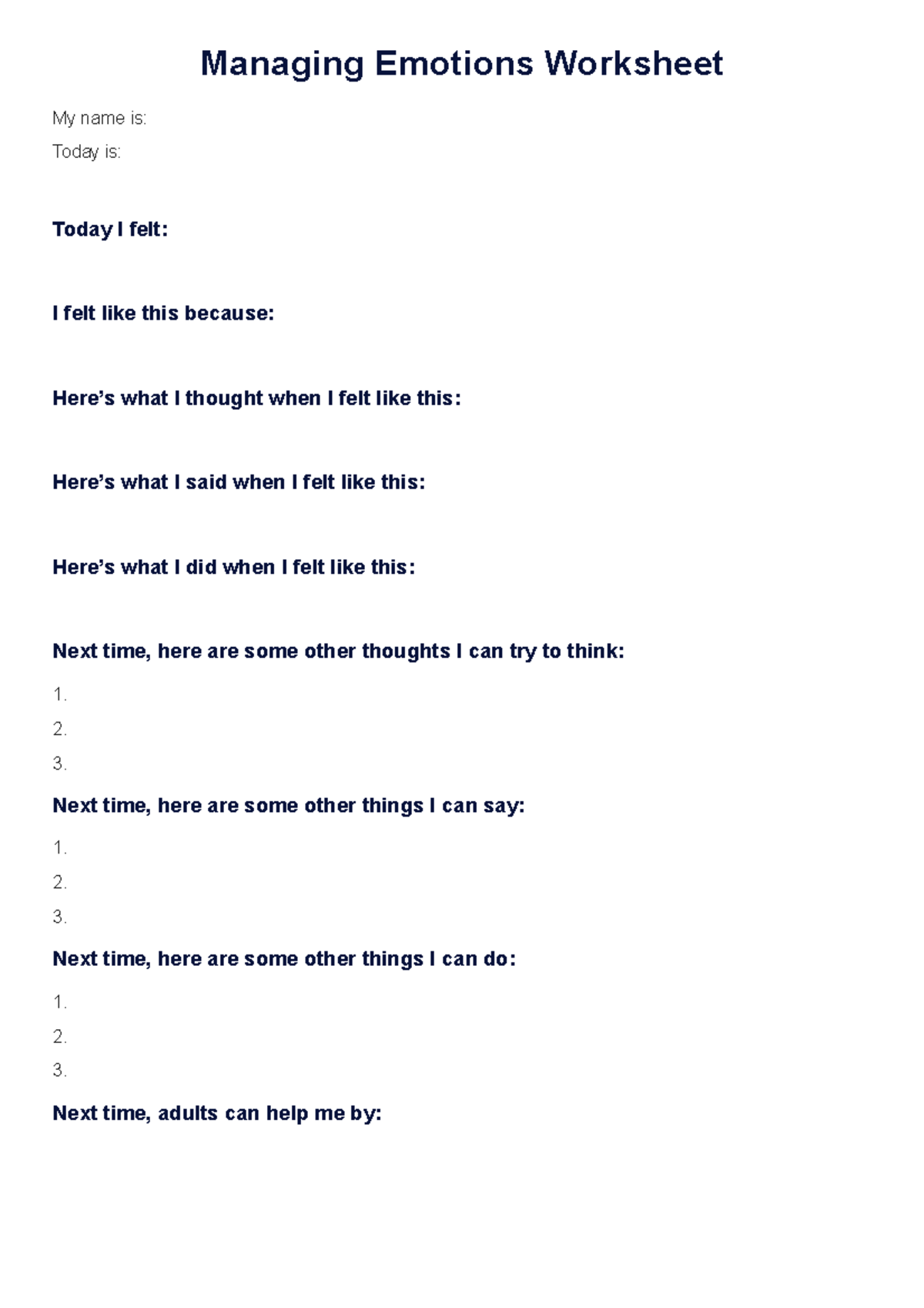 Managing emotions Worksheet 2 - Managing Emotions Worksheet My name is ...