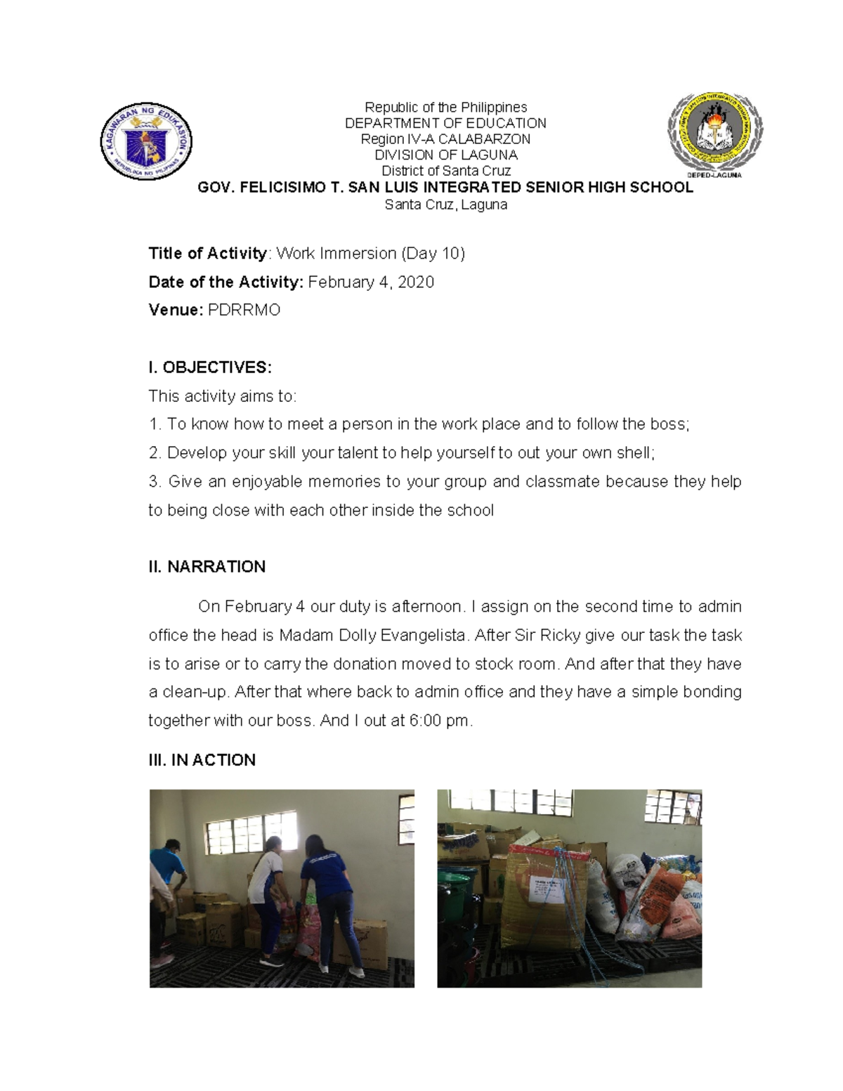 Work immersion day 10 - n/a - Republic of the Philippines DEPARTMENT OF ...