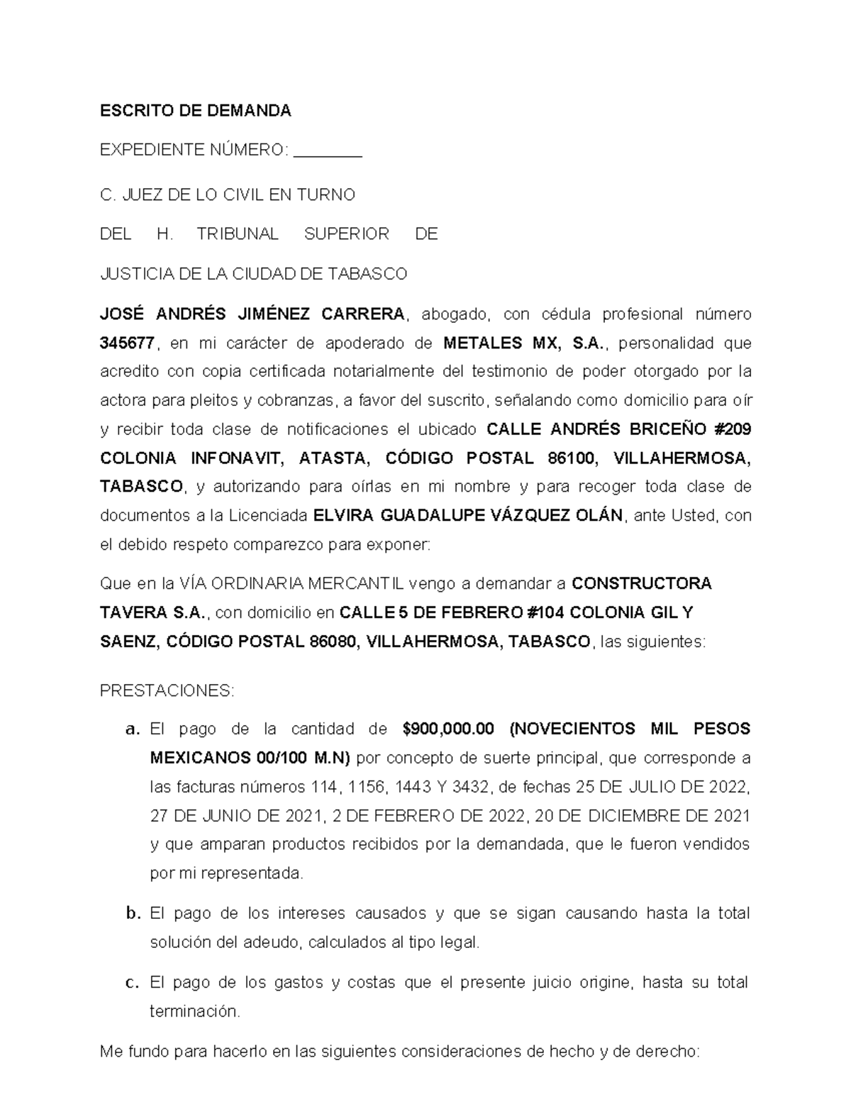 Escrito Inicial DE Demanda - ESCRITO DE DEMANDA EXPEDIENTE NÚMERO: C ...