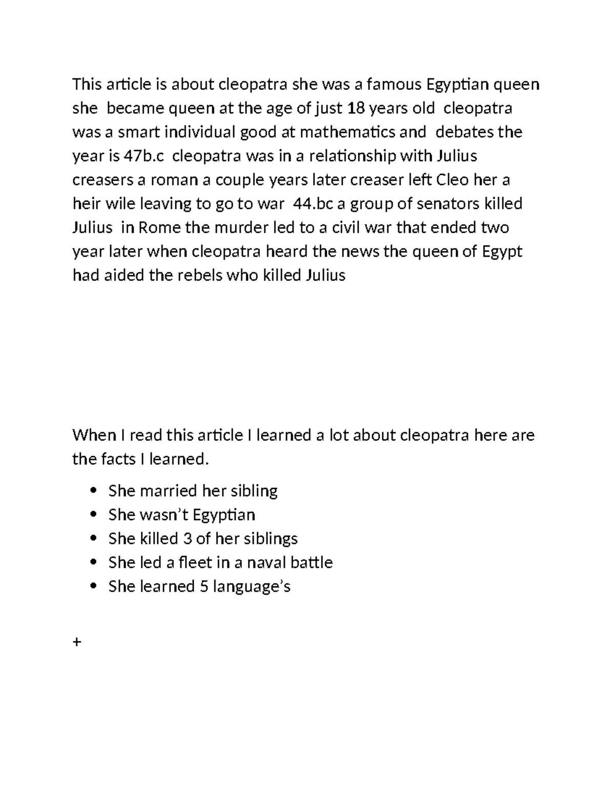 Cleo artical - niceeee - This article is about cleopatra she was a ...