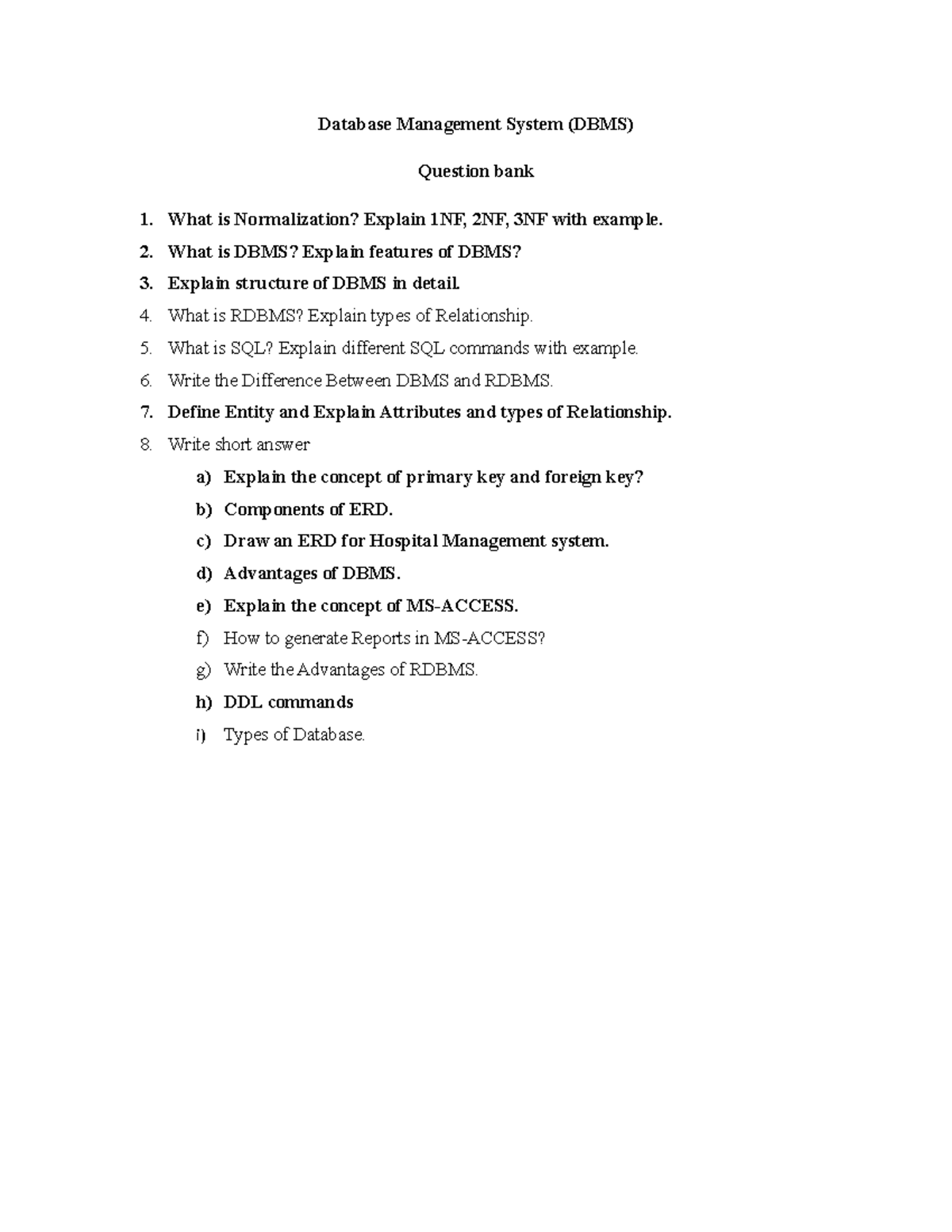 Question Bank Dbms Database Management System Dbms Question Bank 1 What Is Normalization