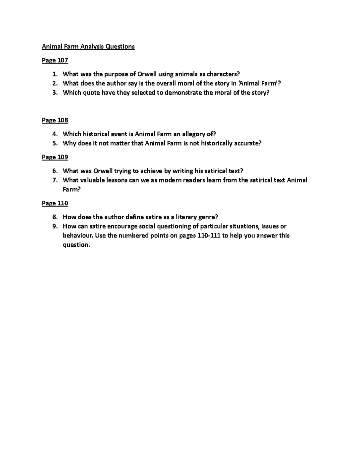 Animal Farm Study Questions - Animal Farm Analysis Questions Page 107 ...