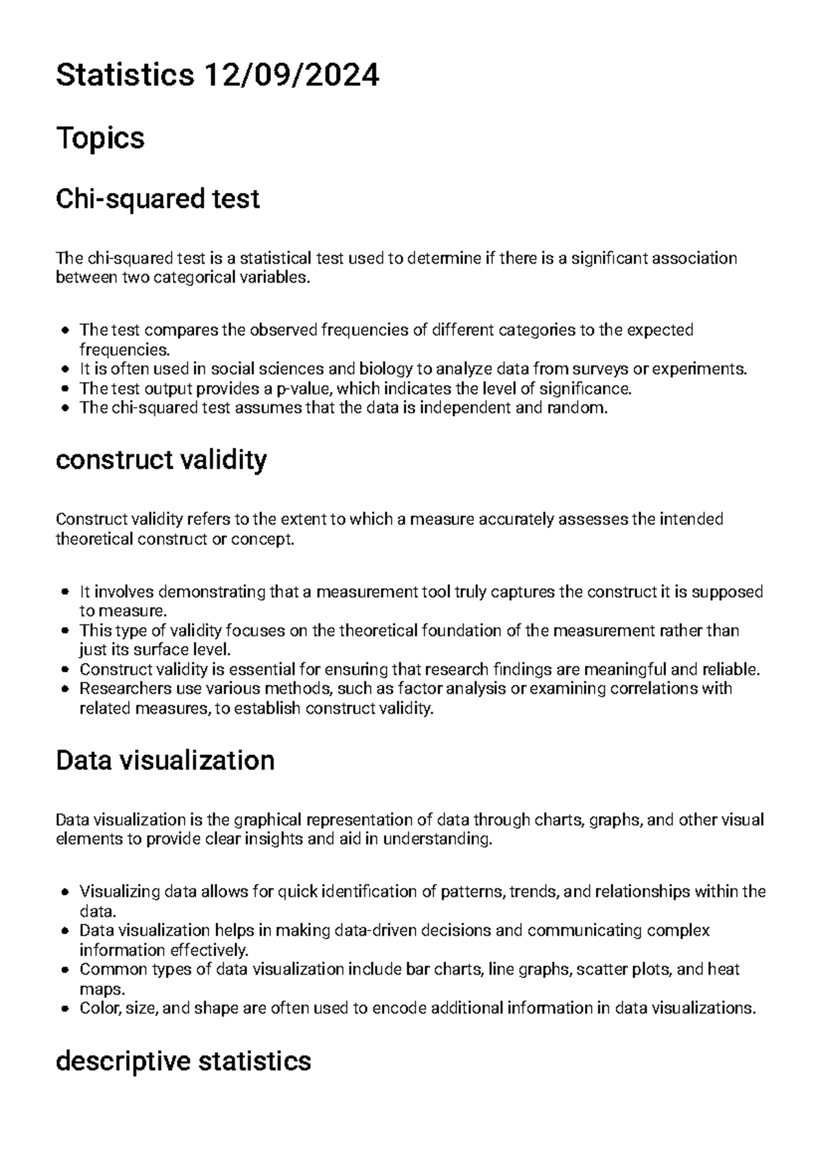 Statistics 12092024-Study Guide - Statistics 12/09/ Topics Chi-squared ...