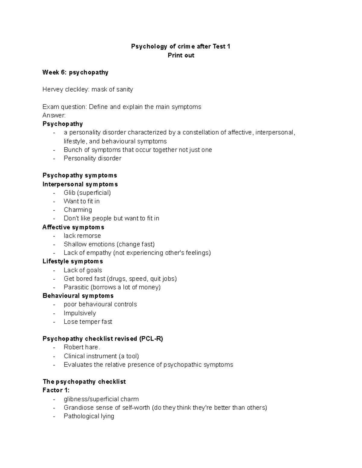 Psychology of crime notes - Psychology of crime after Test 1 Print out ...