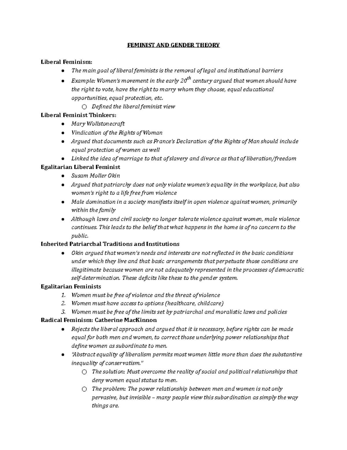 Feminist and Gender Theory - FEMINIST AND GENDER THEORY Liberal ...