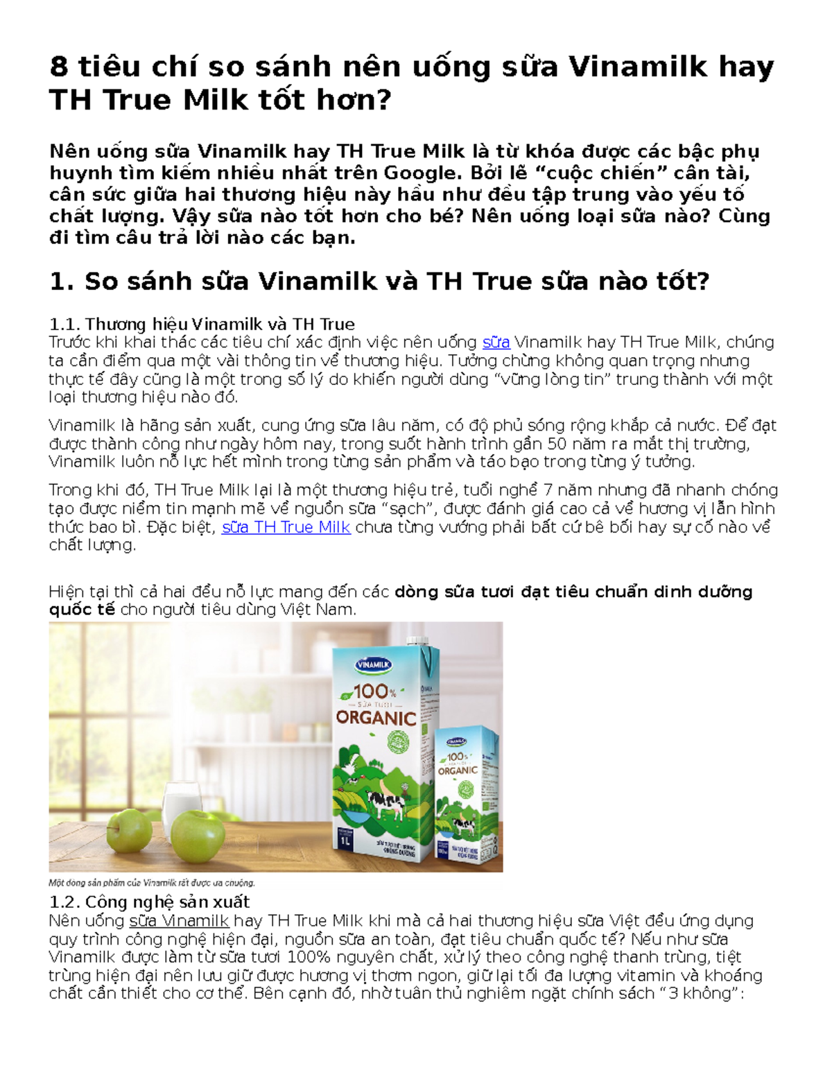 Chapter 2- 8 tiêu chí so sánh nên uống sữa Vinamilk hay TH True Milk tốt hơn - 8 tiêu chí - Studocu