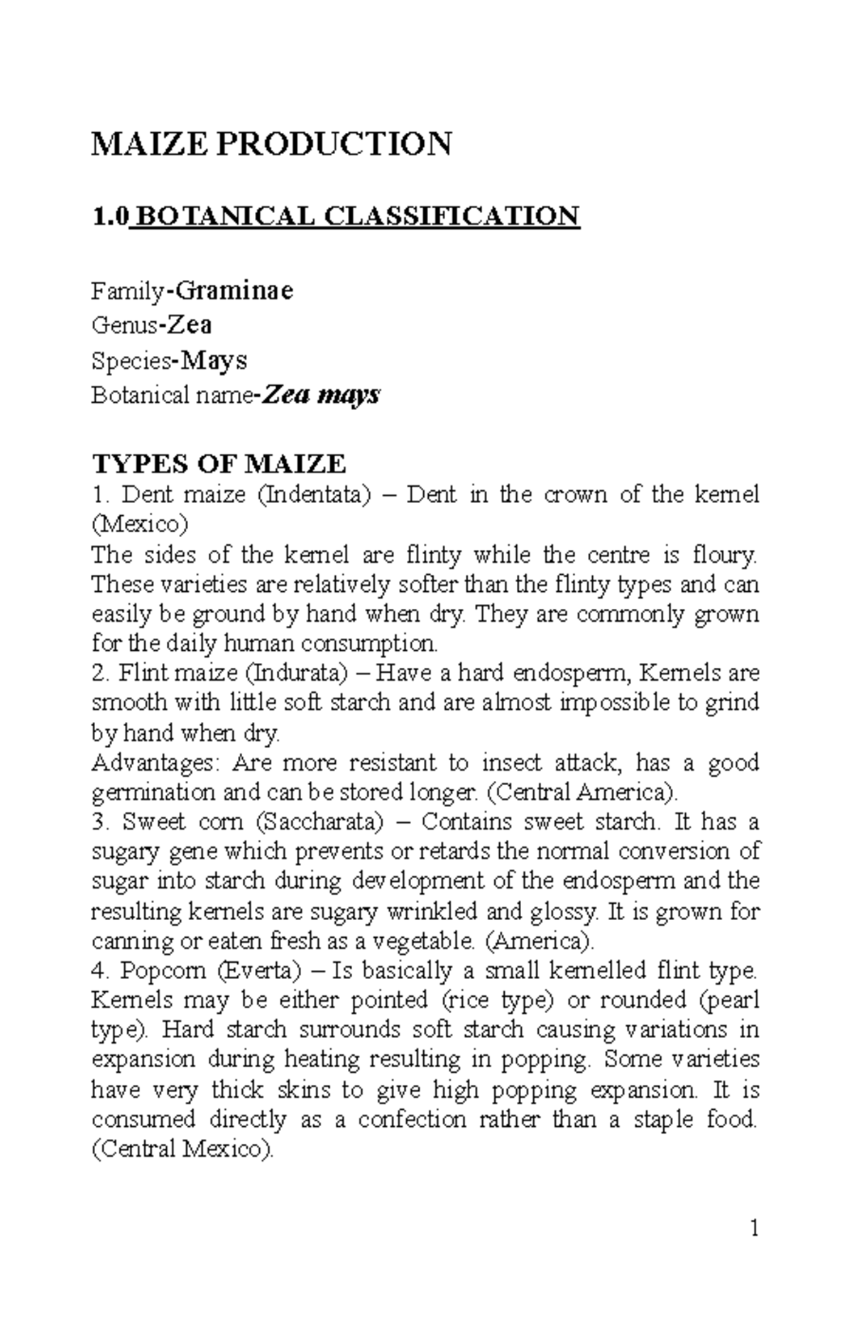 A Level Maize Production - MAIZE PRODUCTION 1 BOTANICAL CLASSIFICATION ...