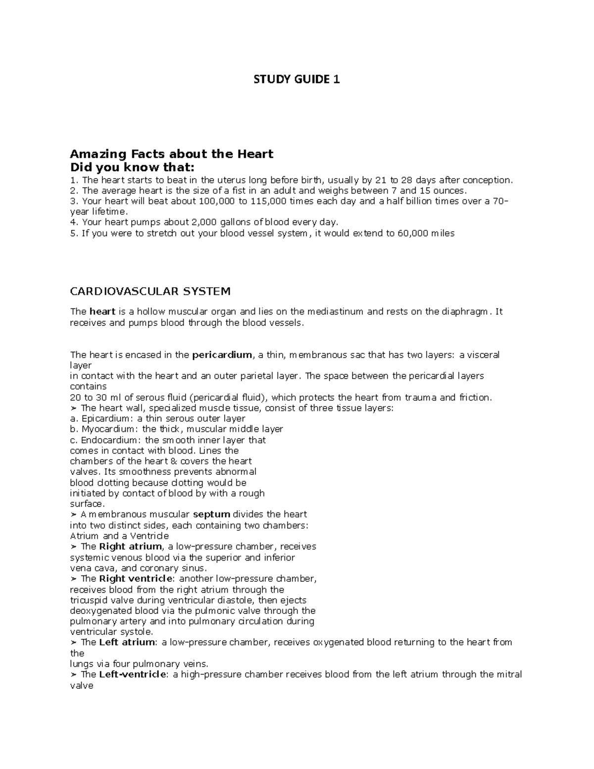 Study Guide 1 MED Surge - STUDY GUIDE 1 Amazing Facts about the Heart ...