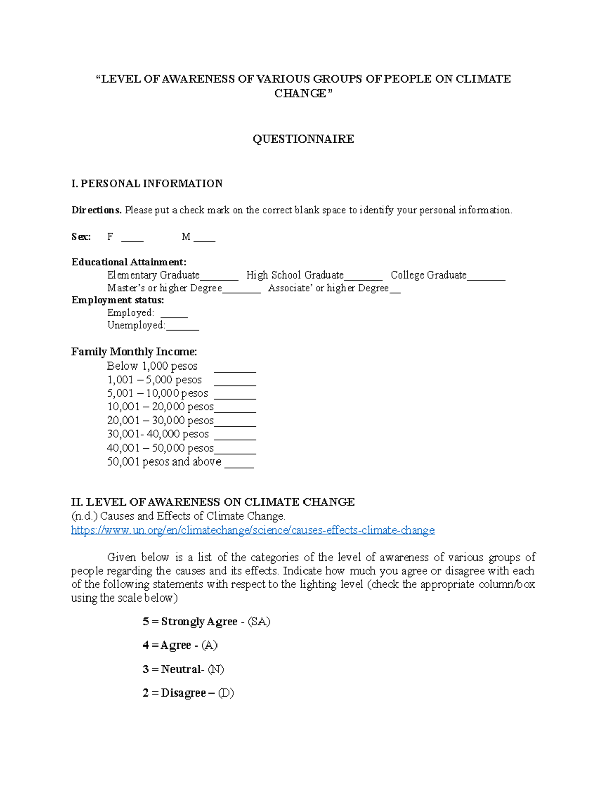 Questionnaire - Sample questions - “LEVEL OF AWARENESS OF VARIOUS ...